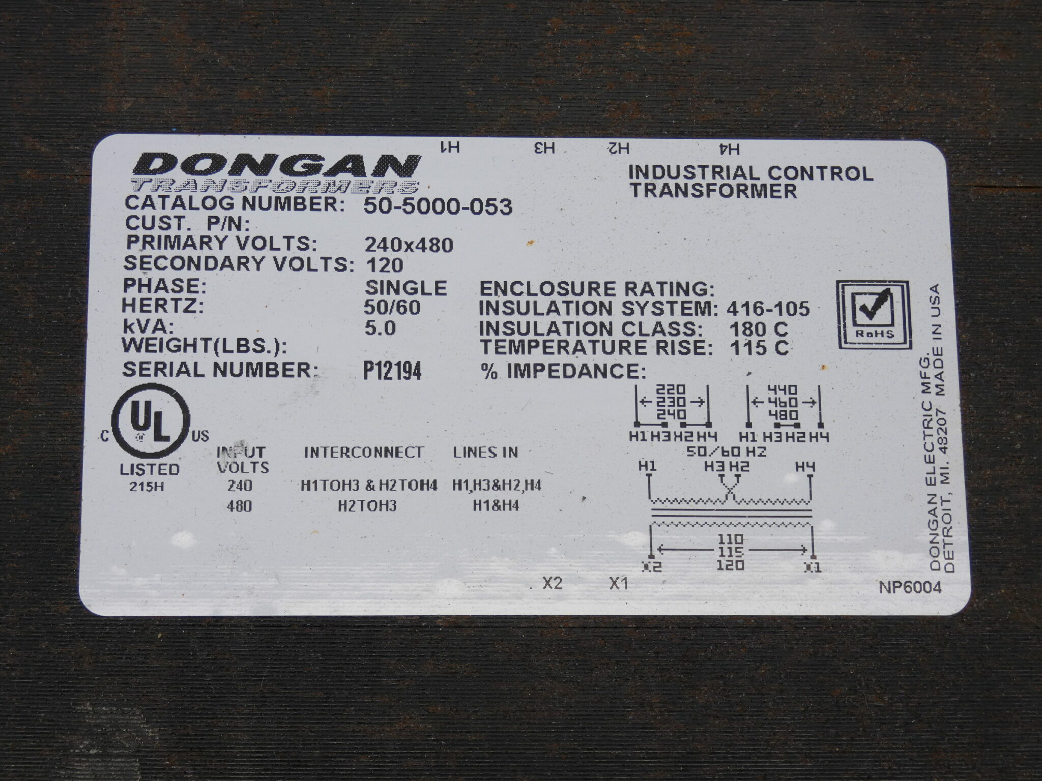 Dongan 50-5000-053 Industrial Control Transformer, 240/480V, 5 kVA ...