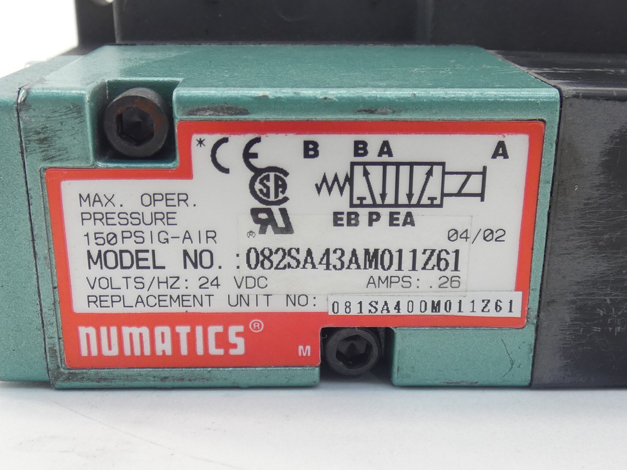 Numatics 082SA43AM011Z61 Solenoid Valve, 24VDC, 150PSIG, 26A – GPM Surplus