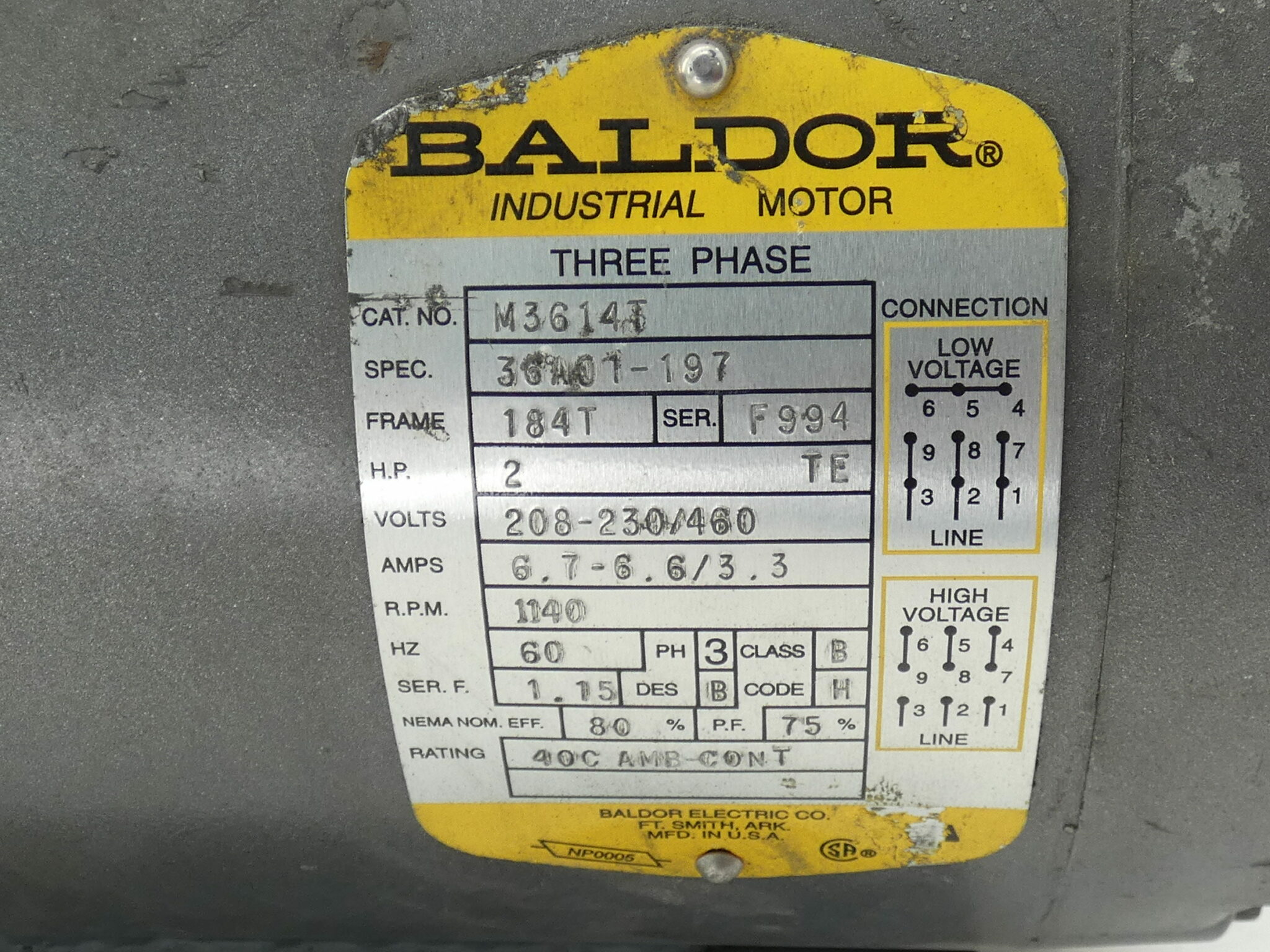 2HP Baldor M3614T Motor, 1140RPM, Frame 184T, 3PH – GPM Surplus