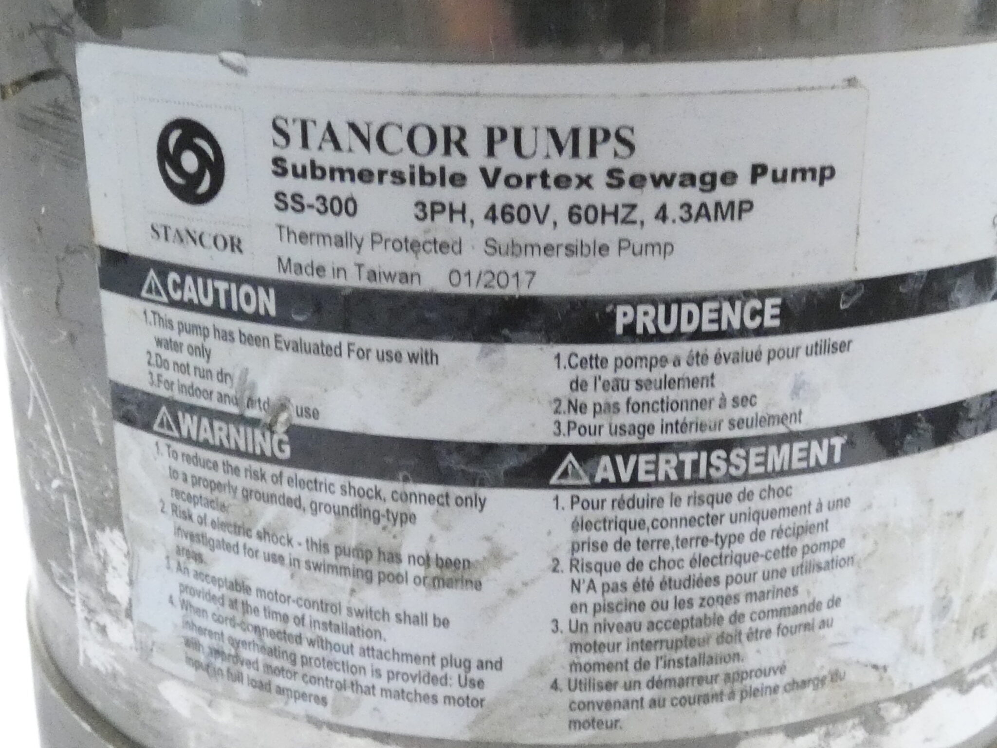 3HP Stancor SS-300 Submersible Vortex Sewage Pump 460V 3PH 2″ Discharge ...