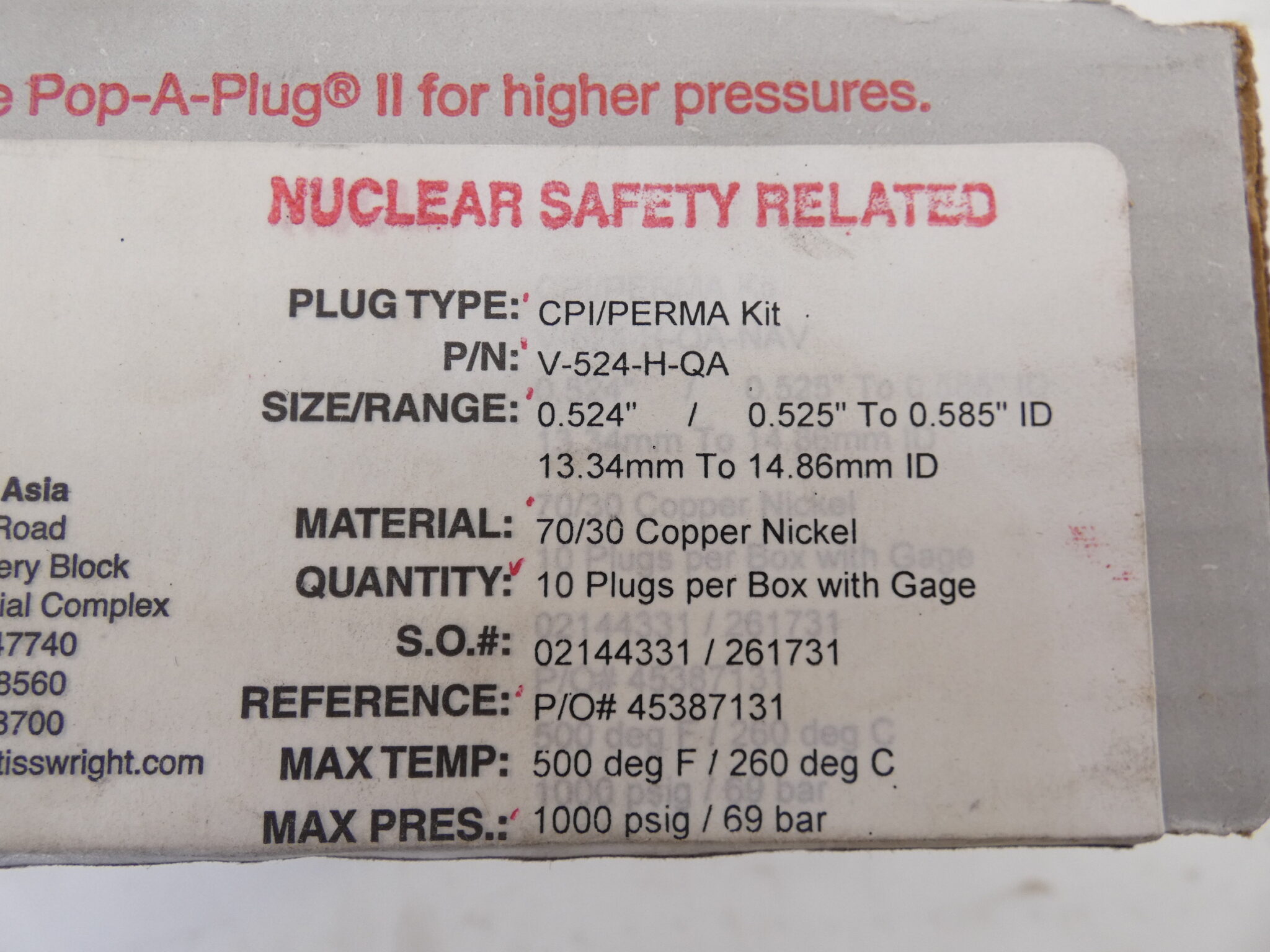 *Box of 10* Curtiss-Wright V-524-H-QA Pop-A-Plug 0.525″ – 0.585″ CPI ...