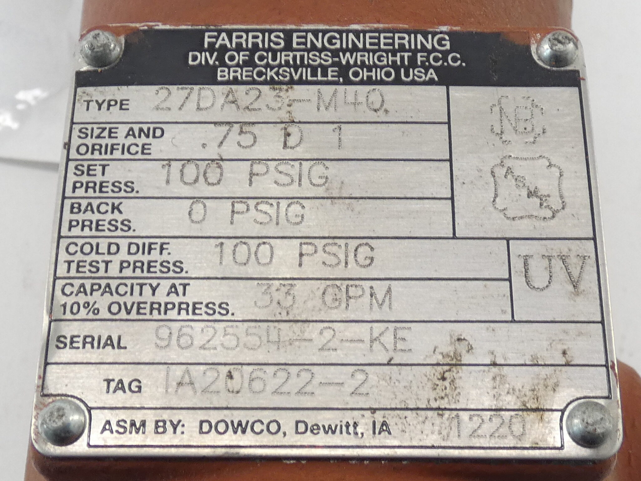 Farris 27DA23-M40 Safety Relief Valve, 100 PSIG, 33 GPM, 3/4″ – GPM Surplus
