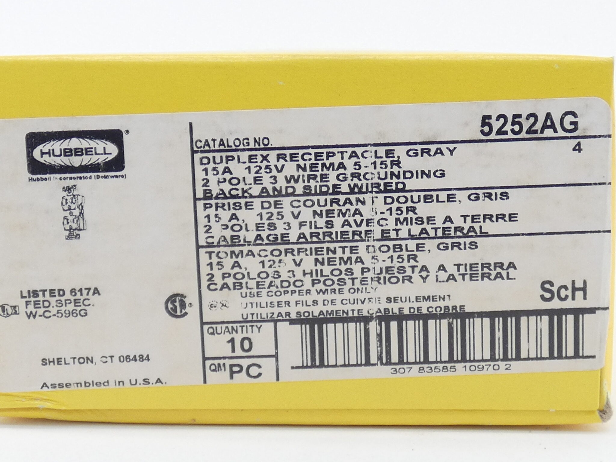 *Box of 10* Hubbell 5252AG Duplex Receptacle, Gray, 15A, 125V, 2P, 3W ...