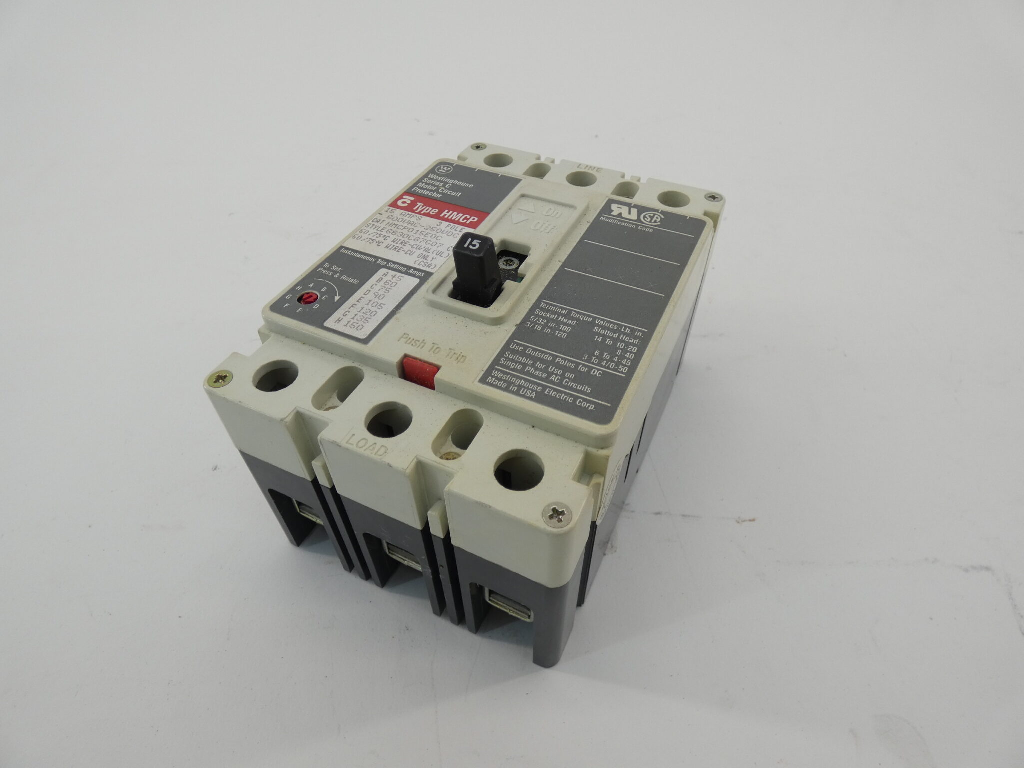 Westinghouse HMCP015E0C Circuit Breaker 15A 600V 3P Motor Circuit ...
