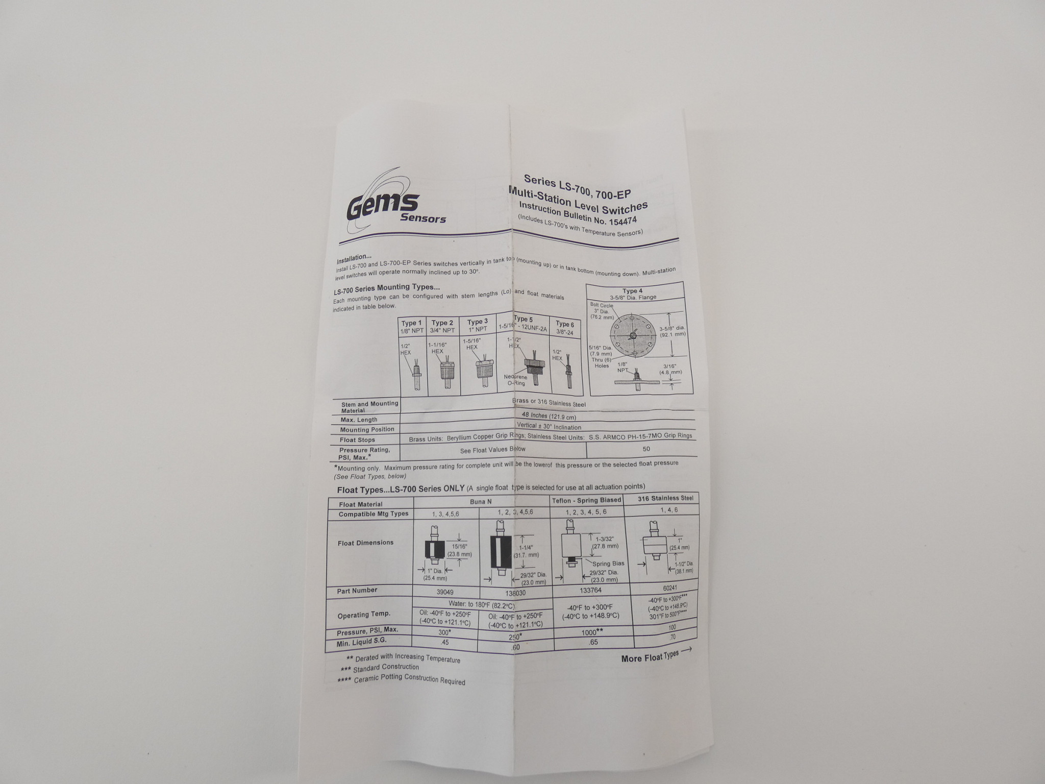 Gems Sensors 60241 NC Float Switch Level Control 120-240VAC 20VA – GPM ...