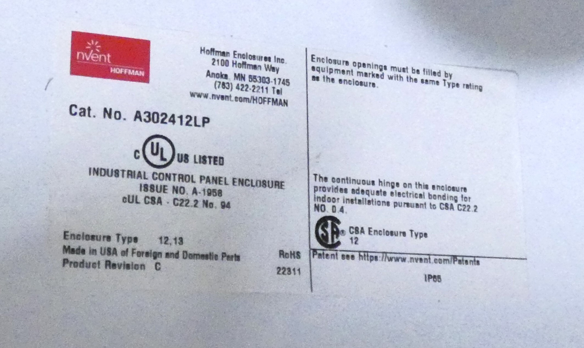 nVent Hoffman A302412LP Enclosure Type 12 13 30″ x 24″ x 12″ – GPM Surplus