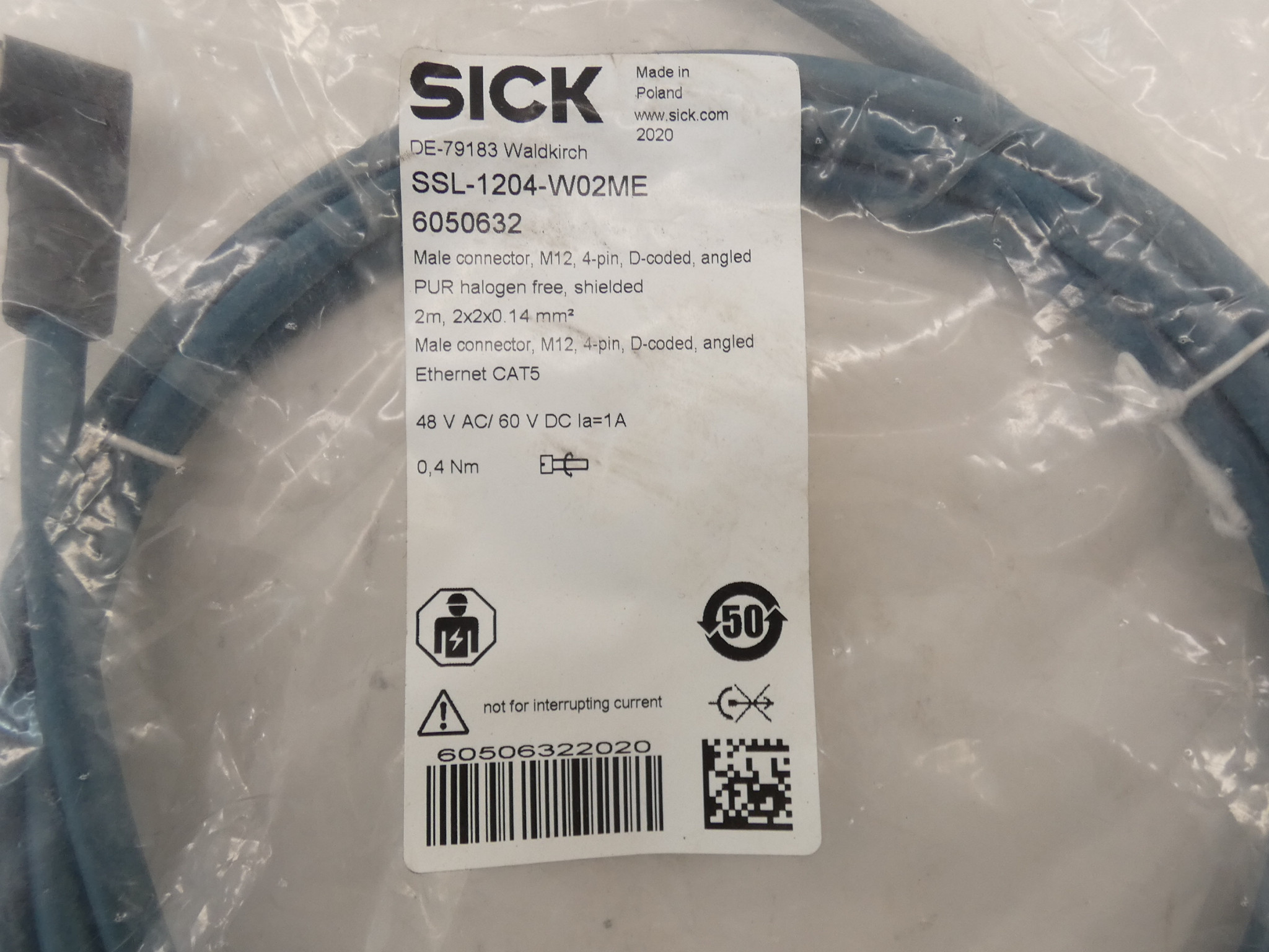 Sick SSL-1204-W02ME Male Ethernet Connector Cable Angled 2M M12 4-Pin ...