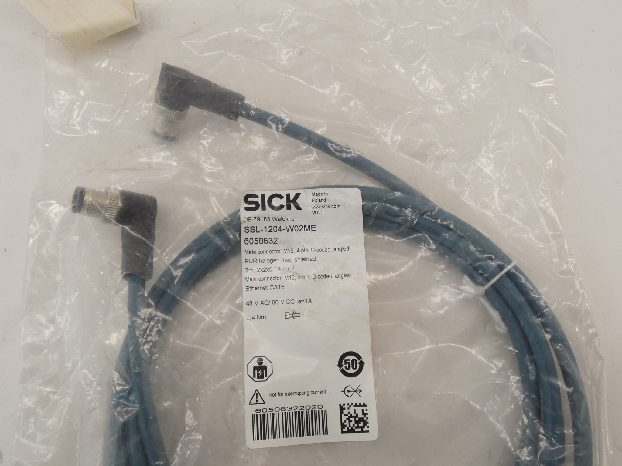 Sick SSL-1204-W02ME Male Ethernet Connector Cable Angled 2M M12 4-Pin ...