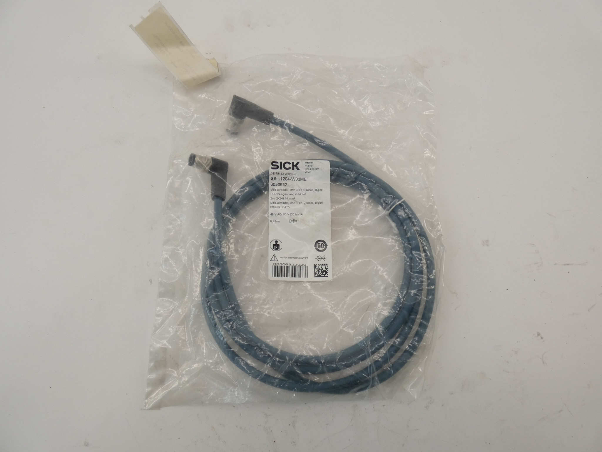Sick SSL-1204-W02ME Male Ethernet Connector Cable Angled 2M M12 4-Pin ...