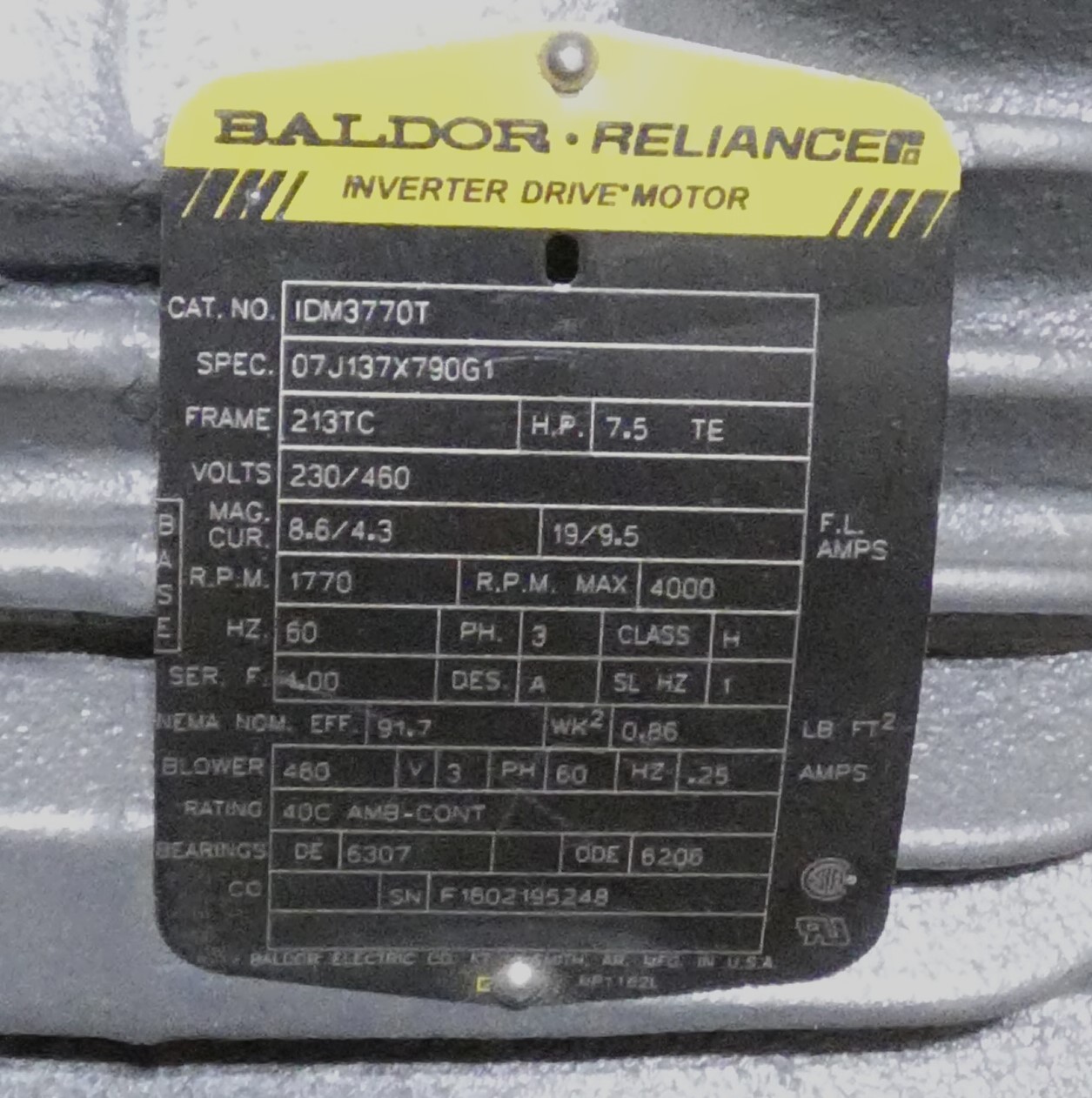 7.5HP Reliance Baldor IDM3770T Inverter Duty Motor 1770RPM 213TC 3PH ...