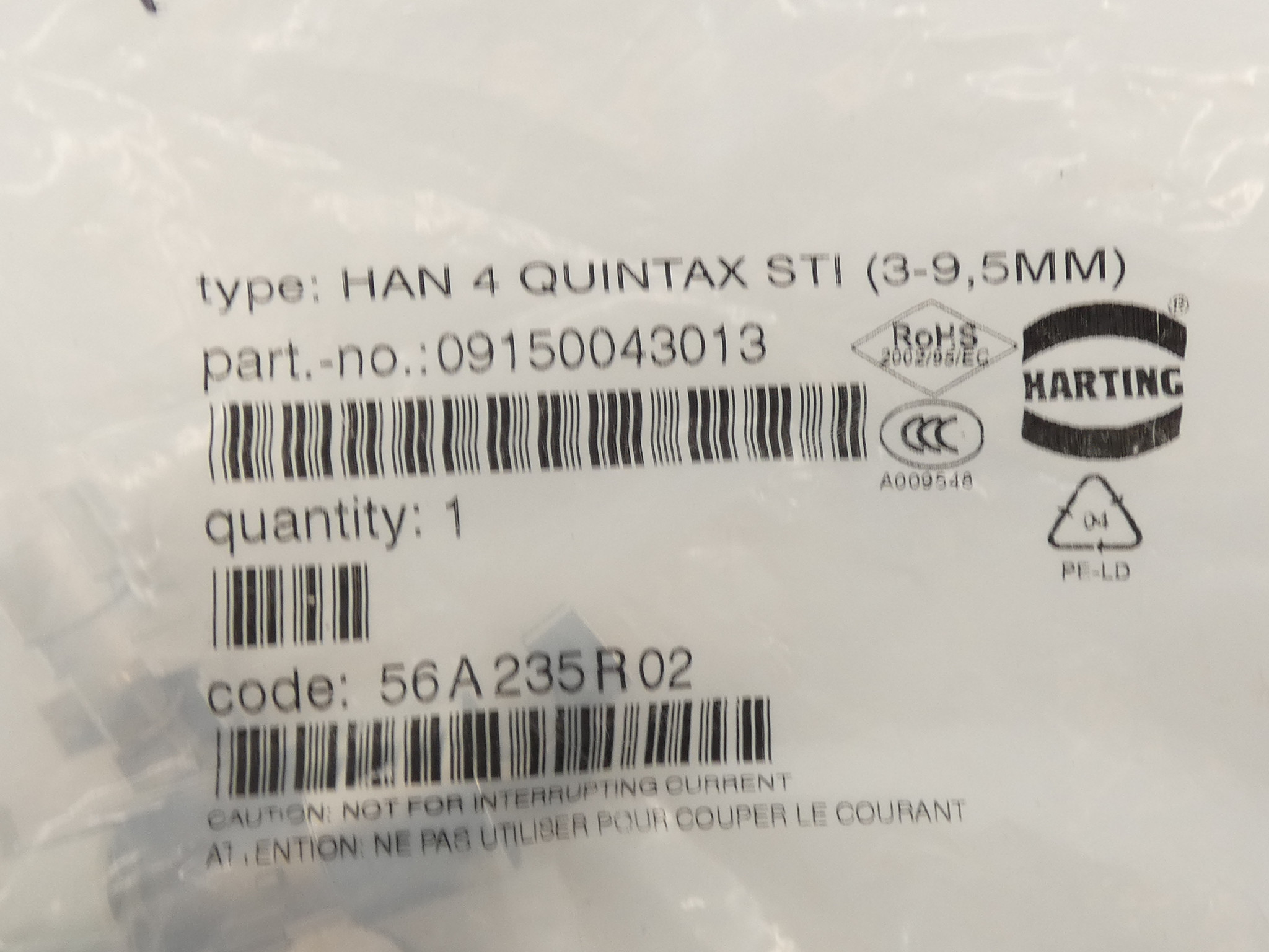 *Lot of 2* Harting 09150043013 Connector HAN 4 Quintax STI Harting 3-9 ...