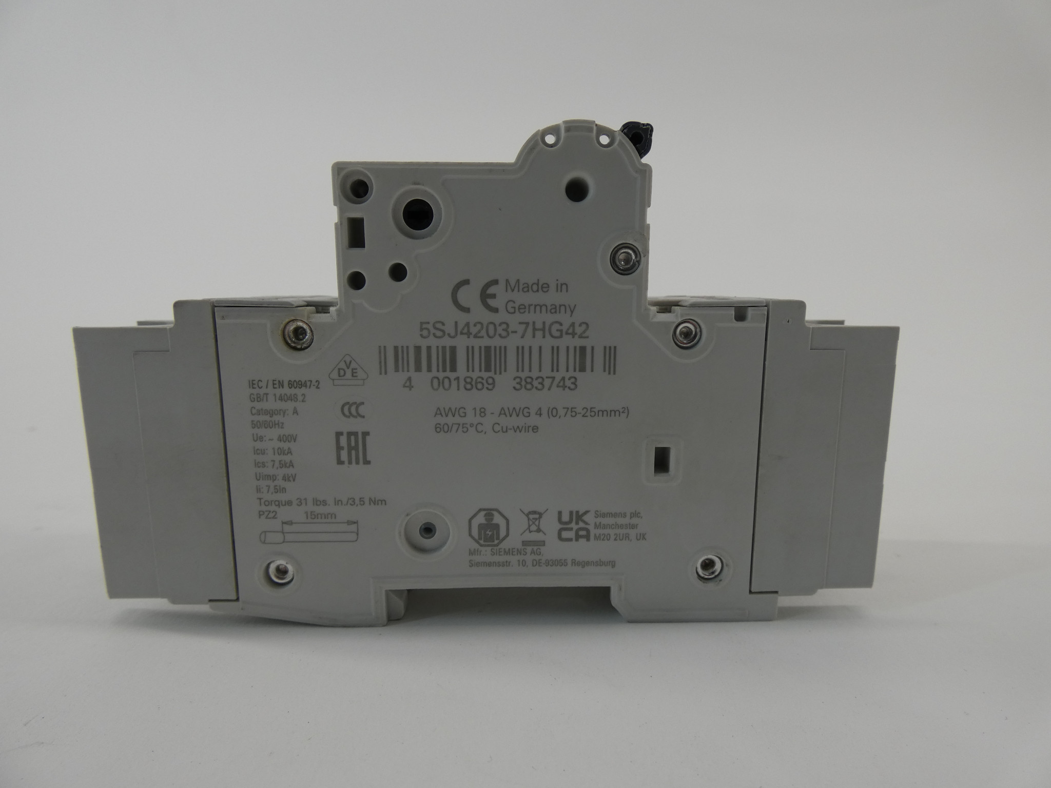 Siemens 5SJ4203-7HG42 Miniature Circuit Breaker MCB 3A 2P 277V NSJ ...