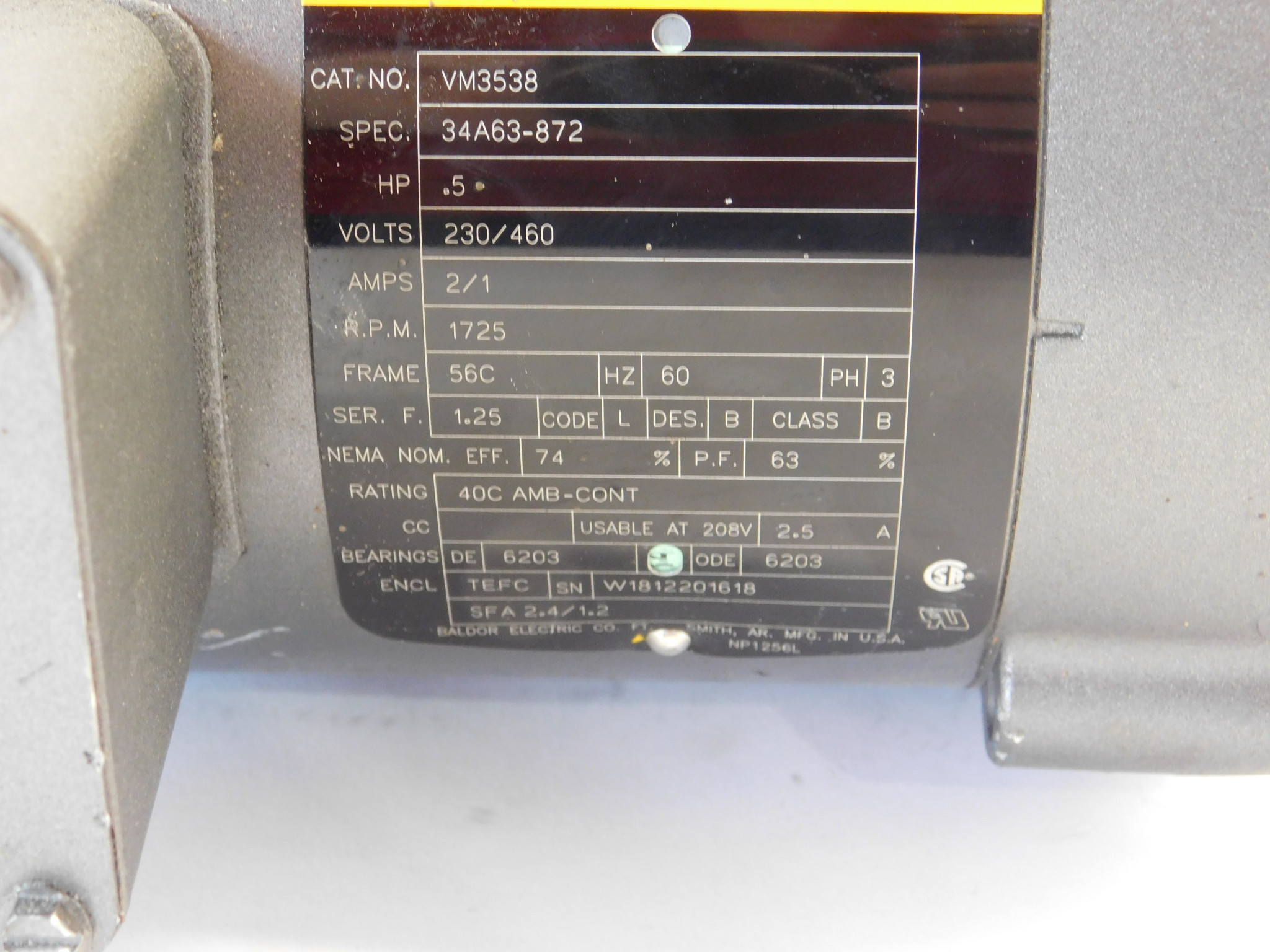 1/2HP Baldor Reliance VM3538 Industrial Motor 1725RPM 56C Frame 3PH ...