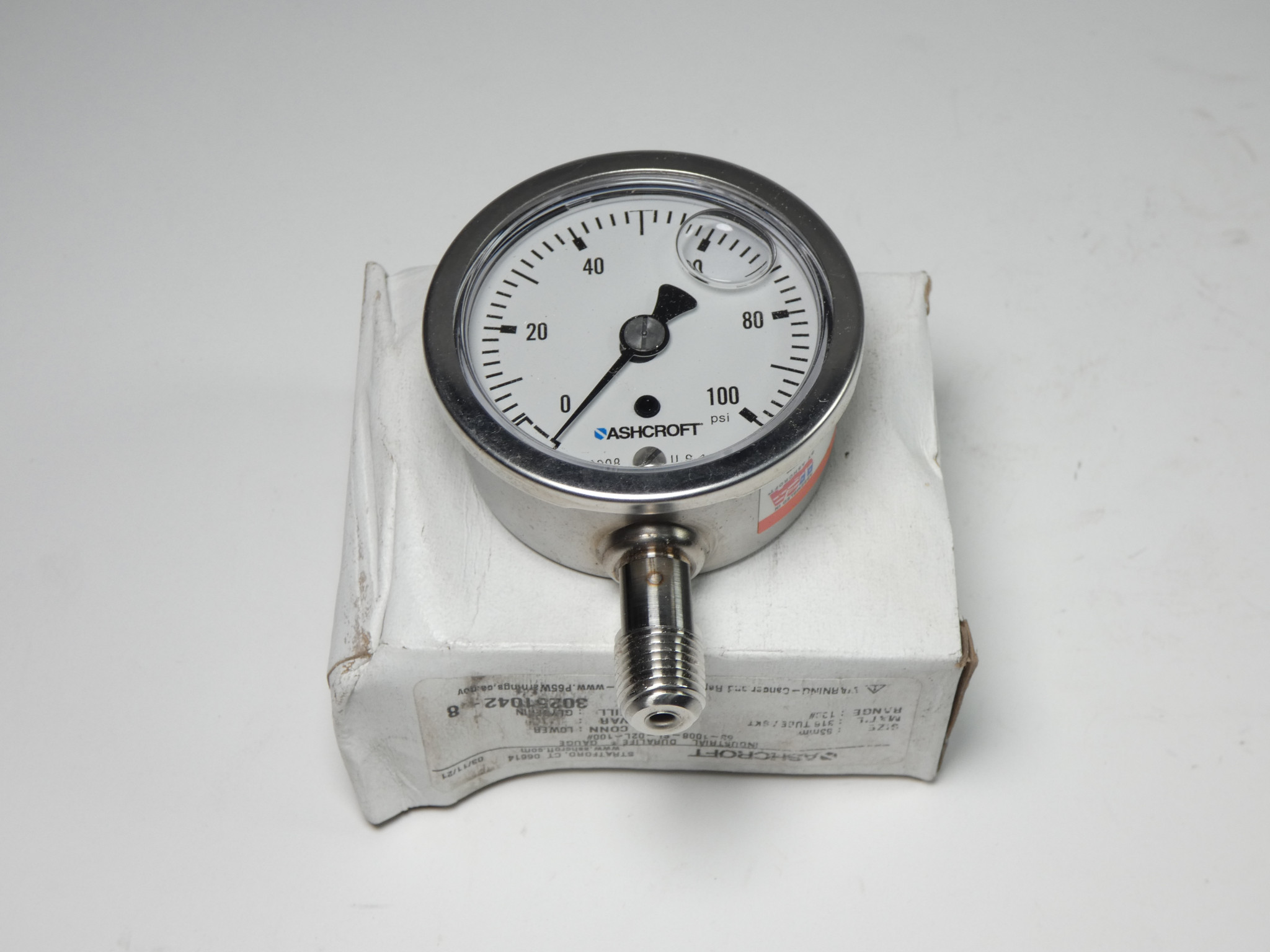 Ashcroft 63-1008-SL-02L-100 Pressure Gauge 2.5″ Face Dial 0-100PSI 1/4 ...
