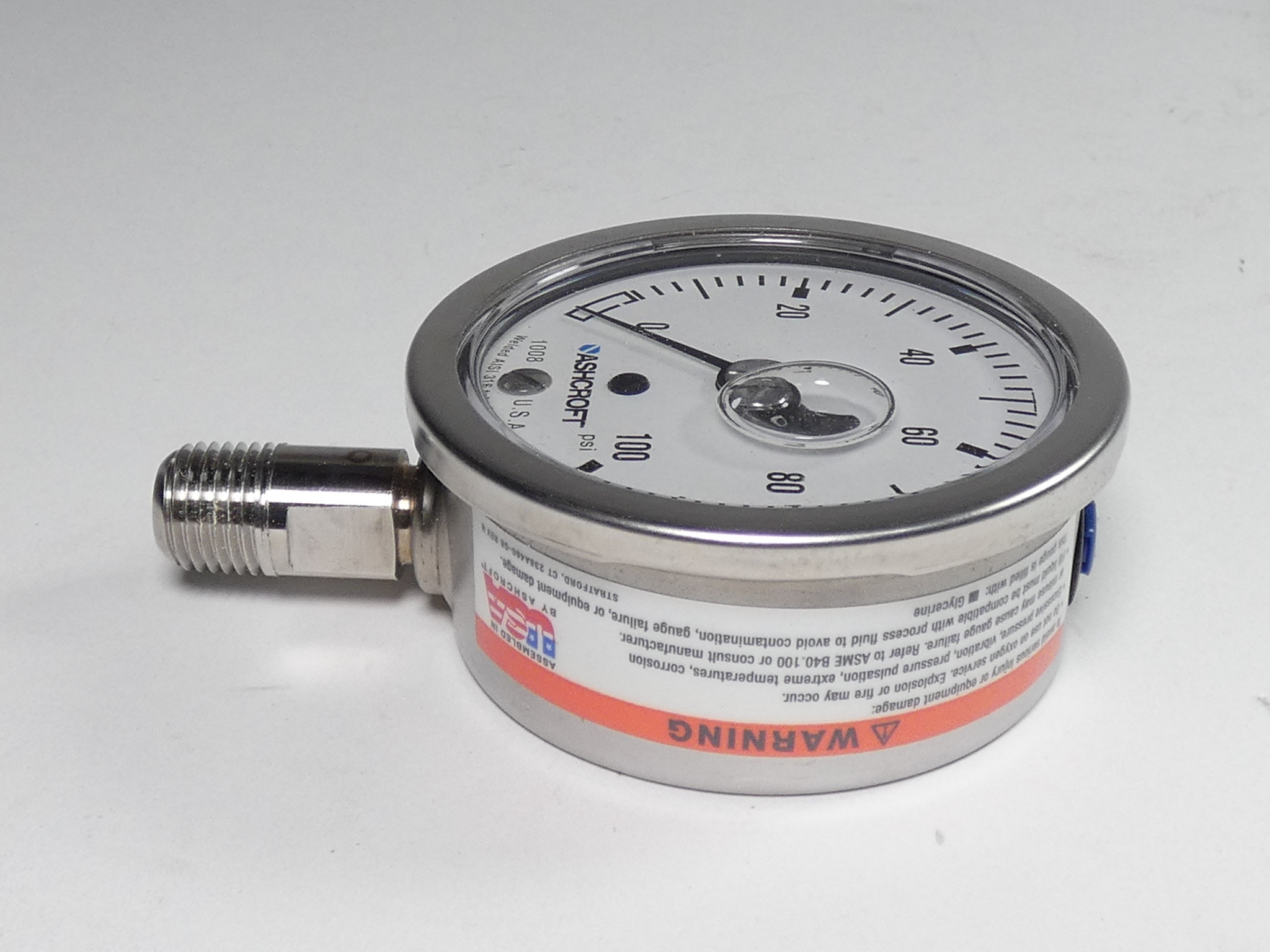 Ashcroft 63-1008-SL-02L-100 Pressure Gauge 2.5″ Face Dial 0-100PSI 1/4 ...