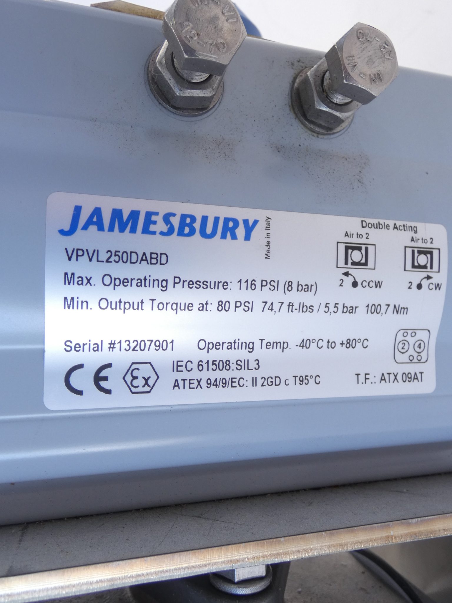 Jamesbury VPVL250DABD Double Acting Actuary Valve 80-116 PSI – GPM Surplus