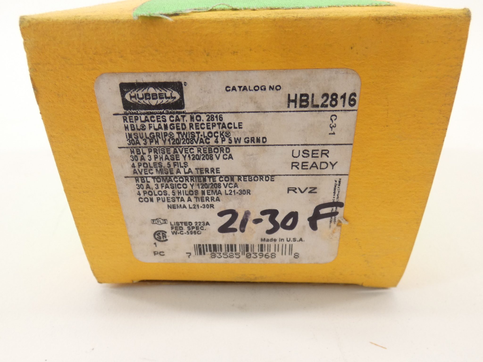 Hubbell HBL2816 Flanged Receptacle 30A 120/208VAC Insulgrip HBL Twist ...