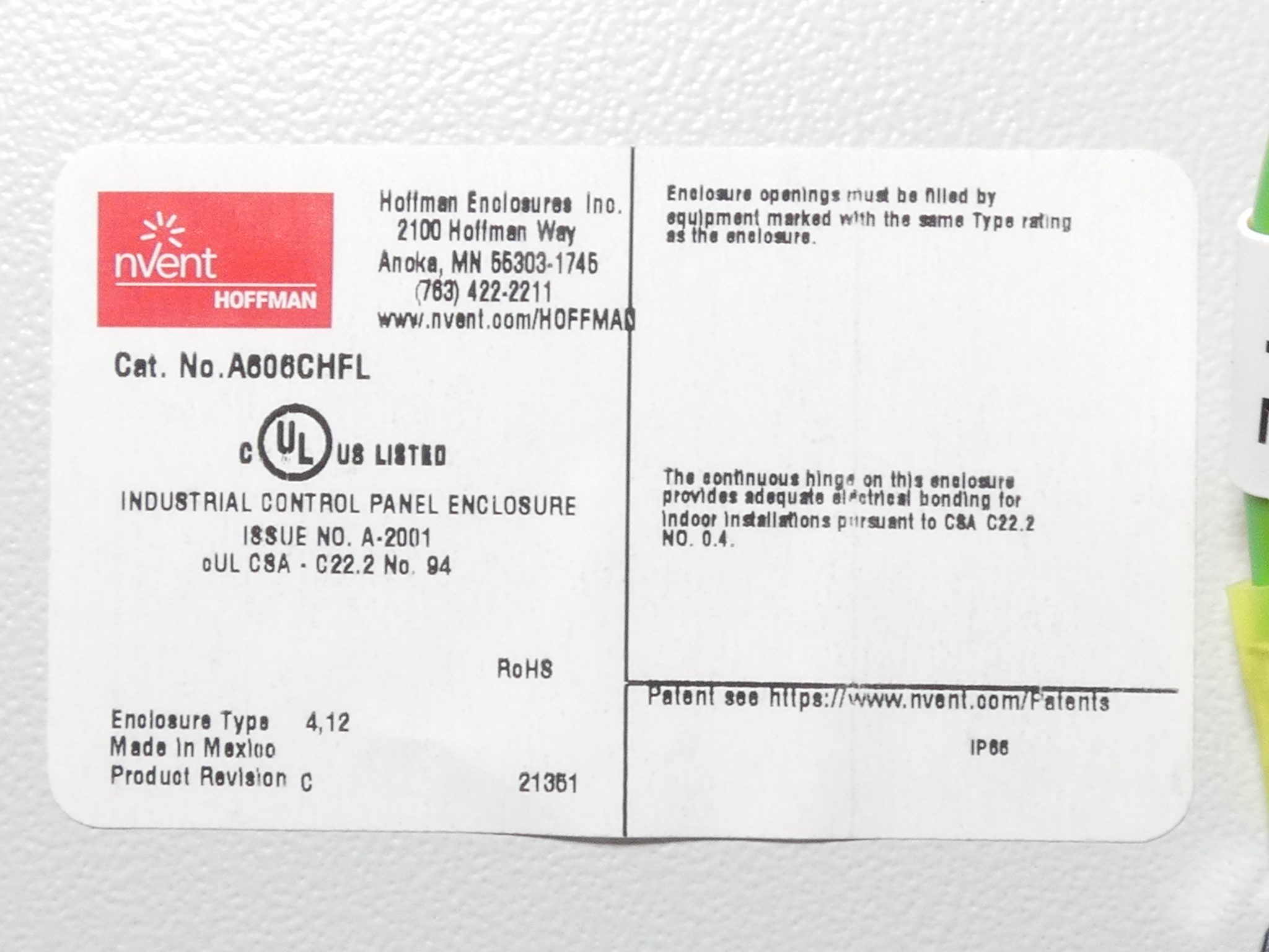 nVent Hoffman A606CHFL Control Panel Enclosure 6″ x 6″ x 4″ – GPM Surplus