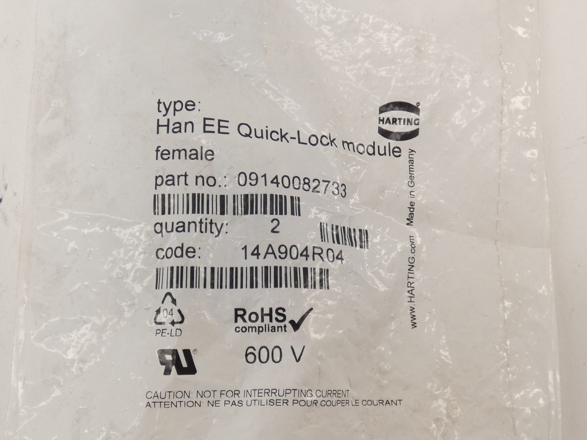 *Pack of 2* Harting 09140082733 Han EE Quick-Lock Female Module 16A ...