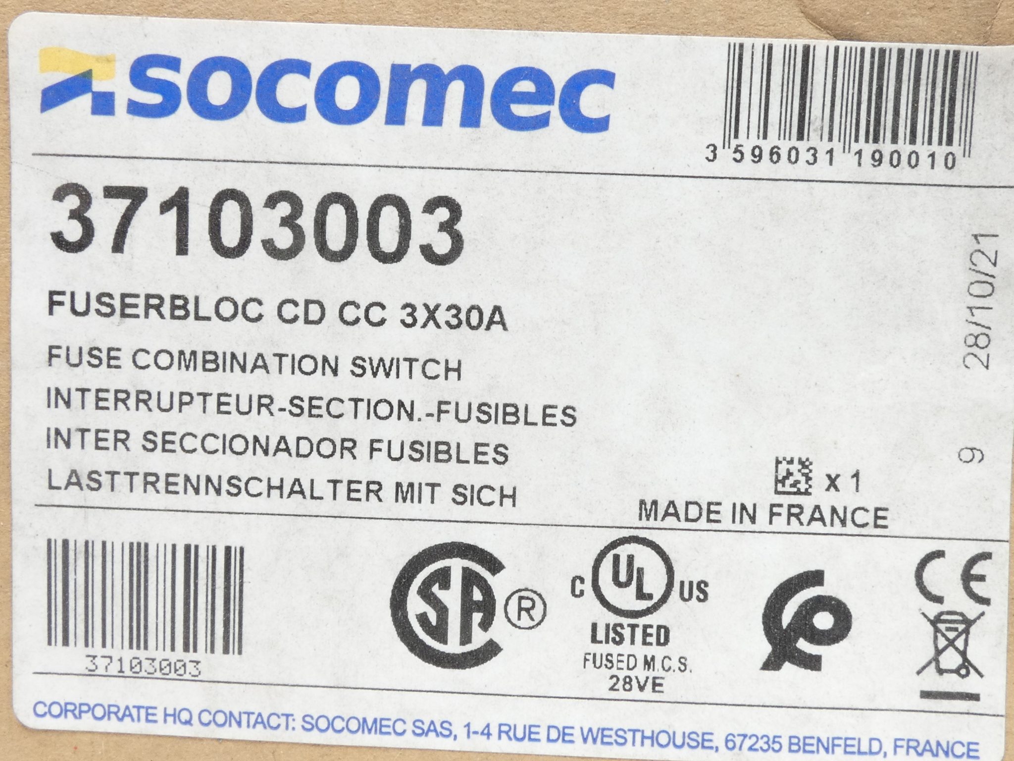 Socomec 37103003 Fusible Disconnect Switch 3PH FUSERBLOC 600VAC 30A ...
