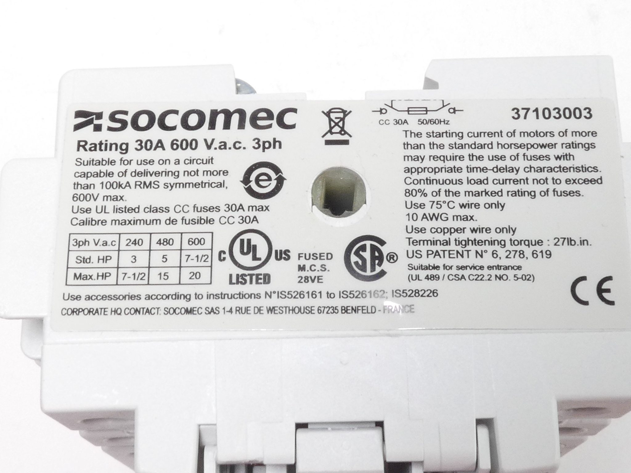 Socomec 37103003 Fusible Disconnect Switch 3PH FUSERBLOC 600VAC 30A ...