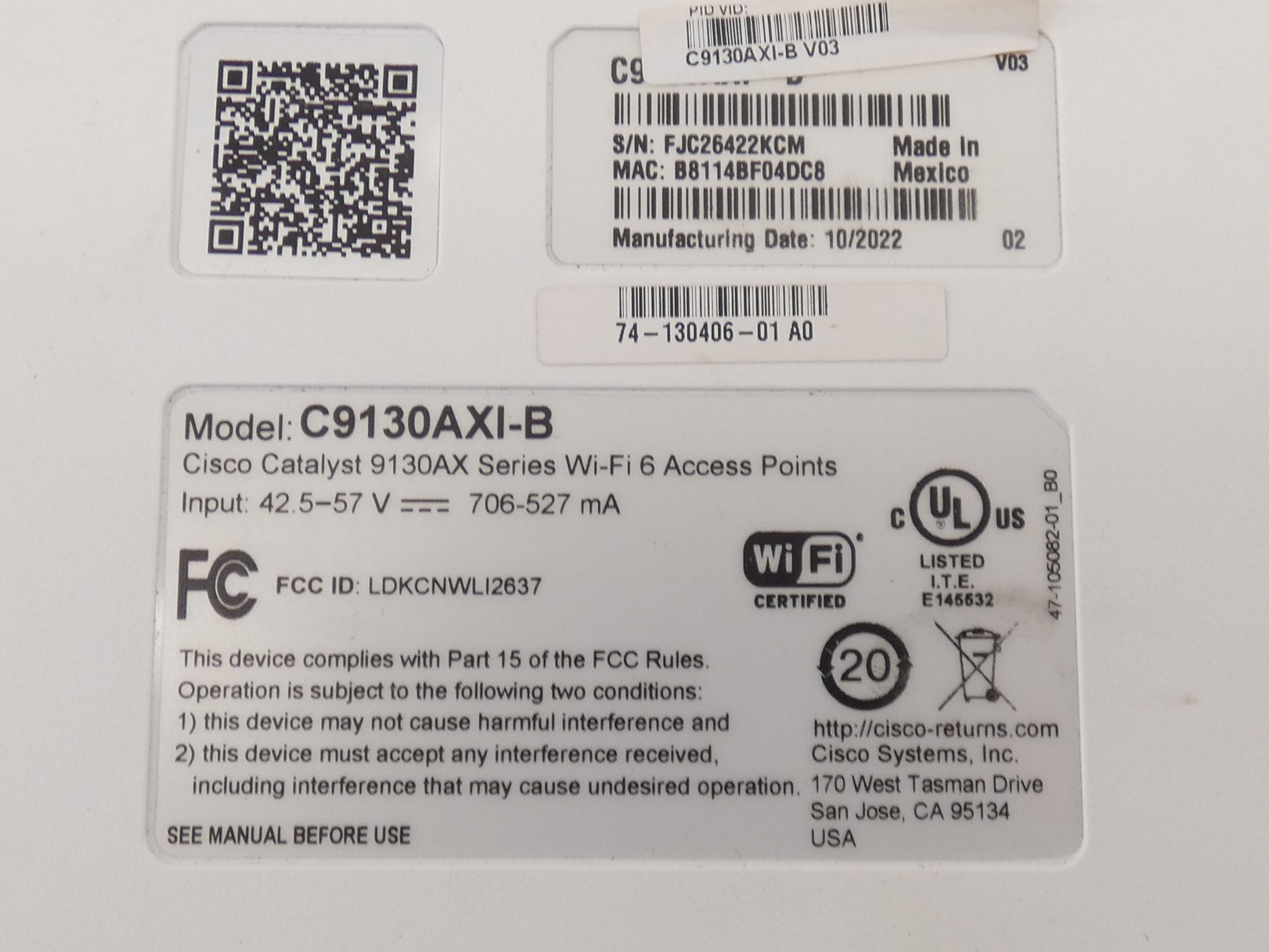 Cisco Catalyst C9130AXI-B 9130AX Series Wireless Access Point 42.5-57V ...