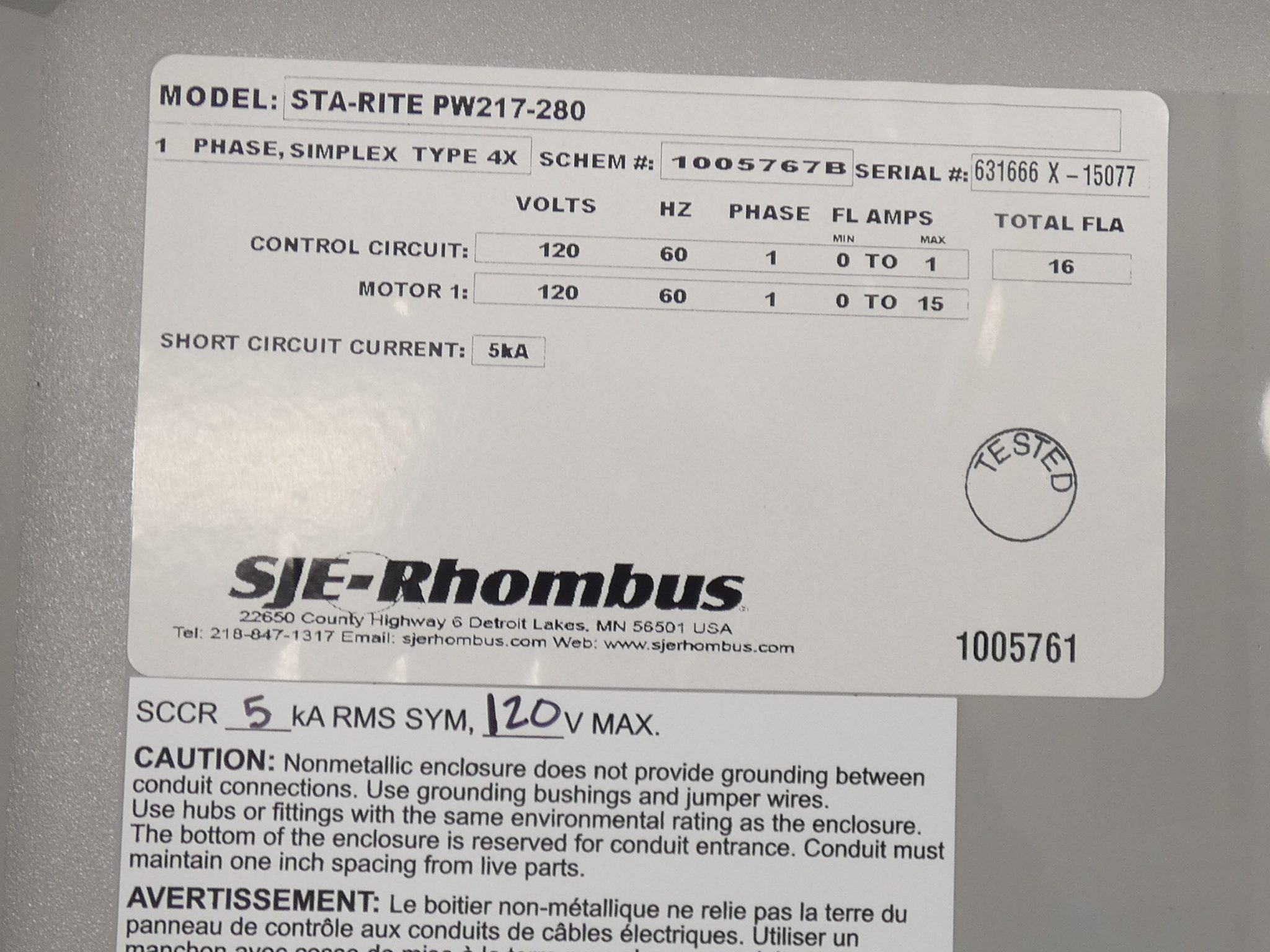 SJE-Rhombus PW217-280 Sta-Rite Simplex Control Panel 120V – GPM Surplus