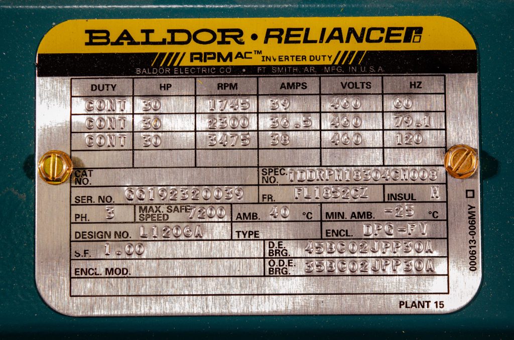30HP Reliance Baldor IDDRPM18304C RPM AC Inverter Duty Motor FL1852CZ ...