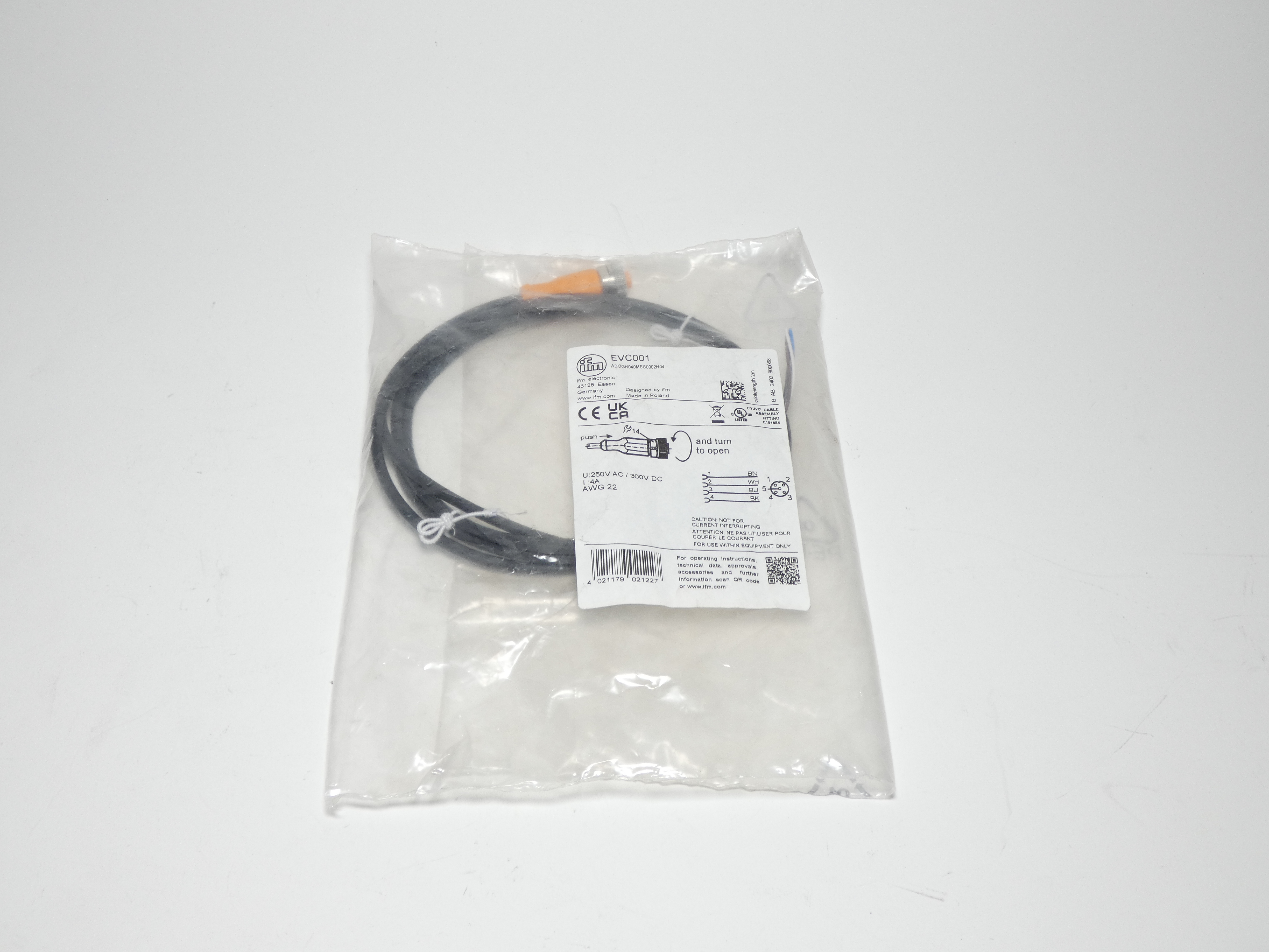 IFM EVC001 M12 Female Cordset 2M Cable 250VAC 300VDC 4A 22AWG – GPM Surplus
