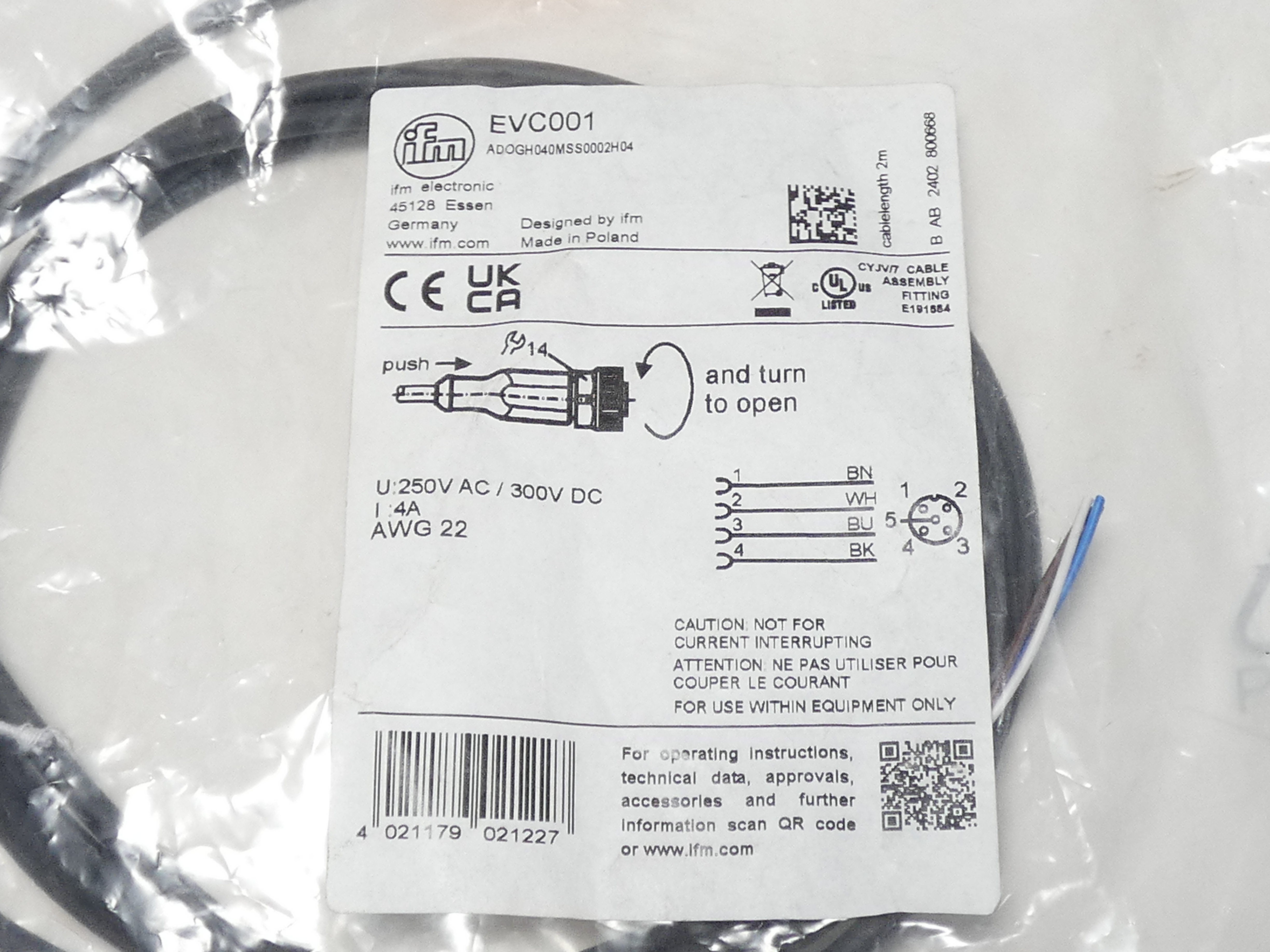 IFM EVC001 M12 Female Cordset 2M Cable 250VAC 300VDC 4A 22AWG – GPM Surplus