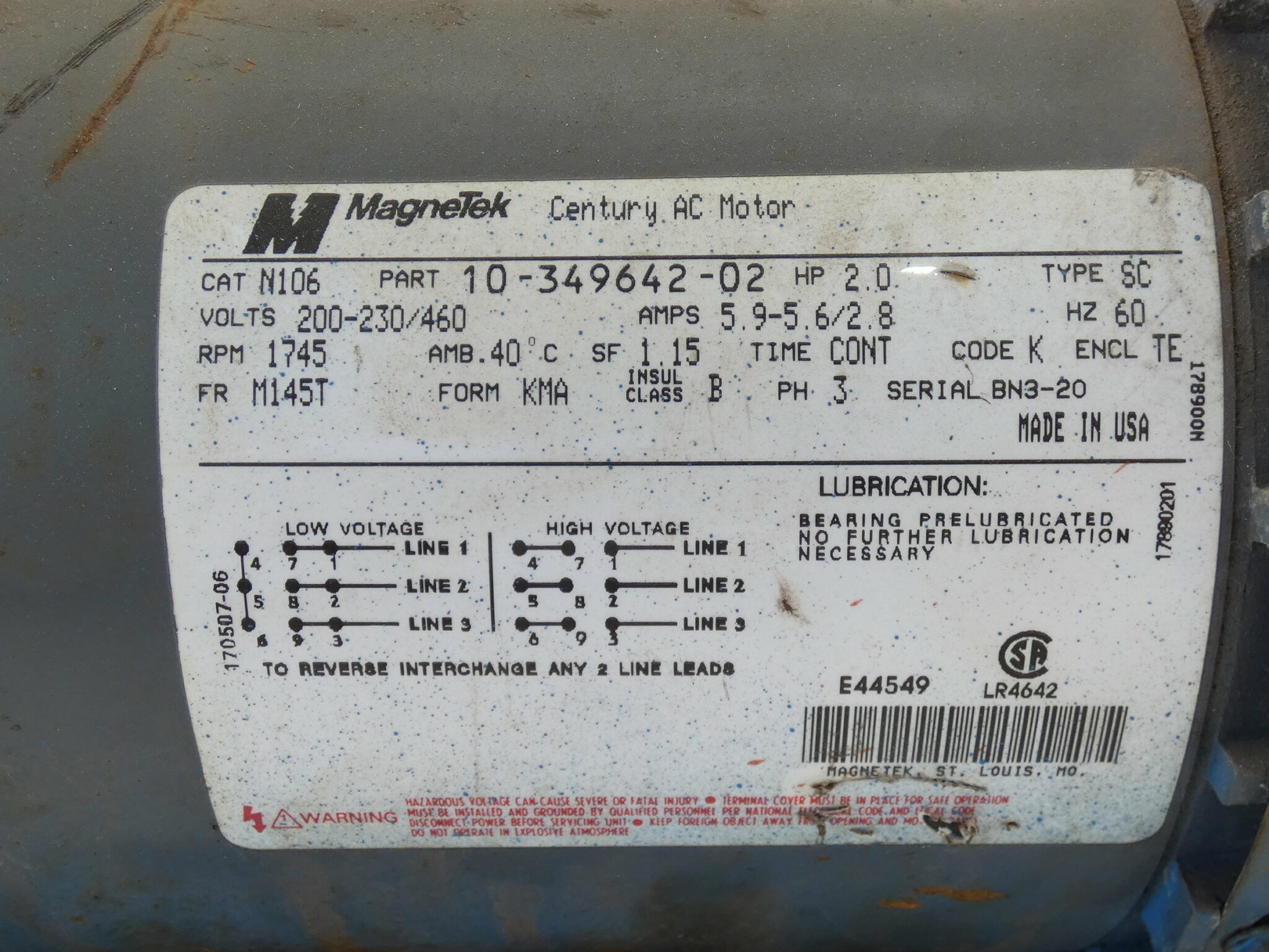2HP Magnetek 10-349642-02 Motor, 1745PRM, Frame M145T, 3PH – GPM Surplus