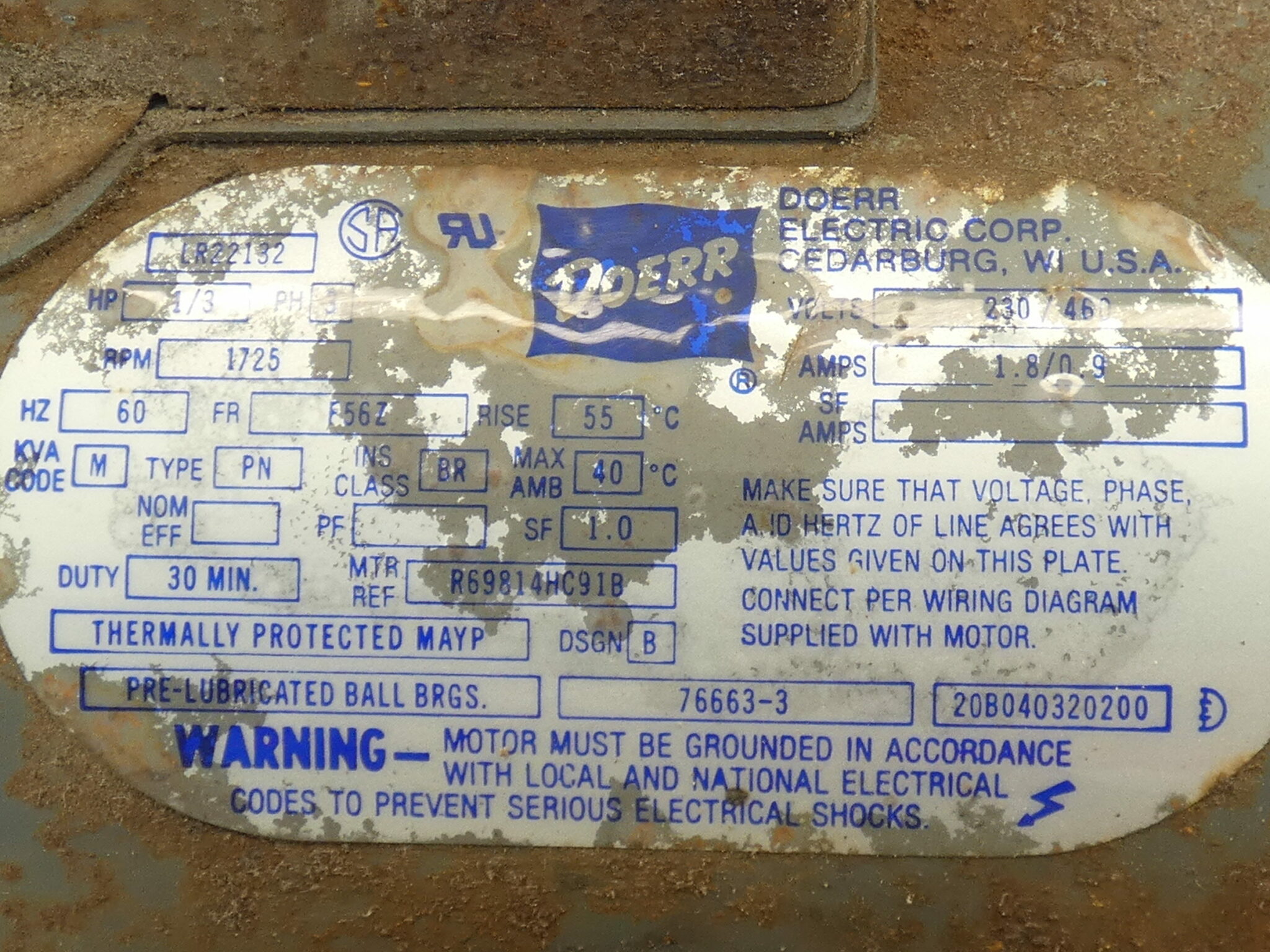 1/3 HP Doerr LR22132 Motor, 1725 RPM, 3PH, F56Z, 230/460 Volts – GPM ...