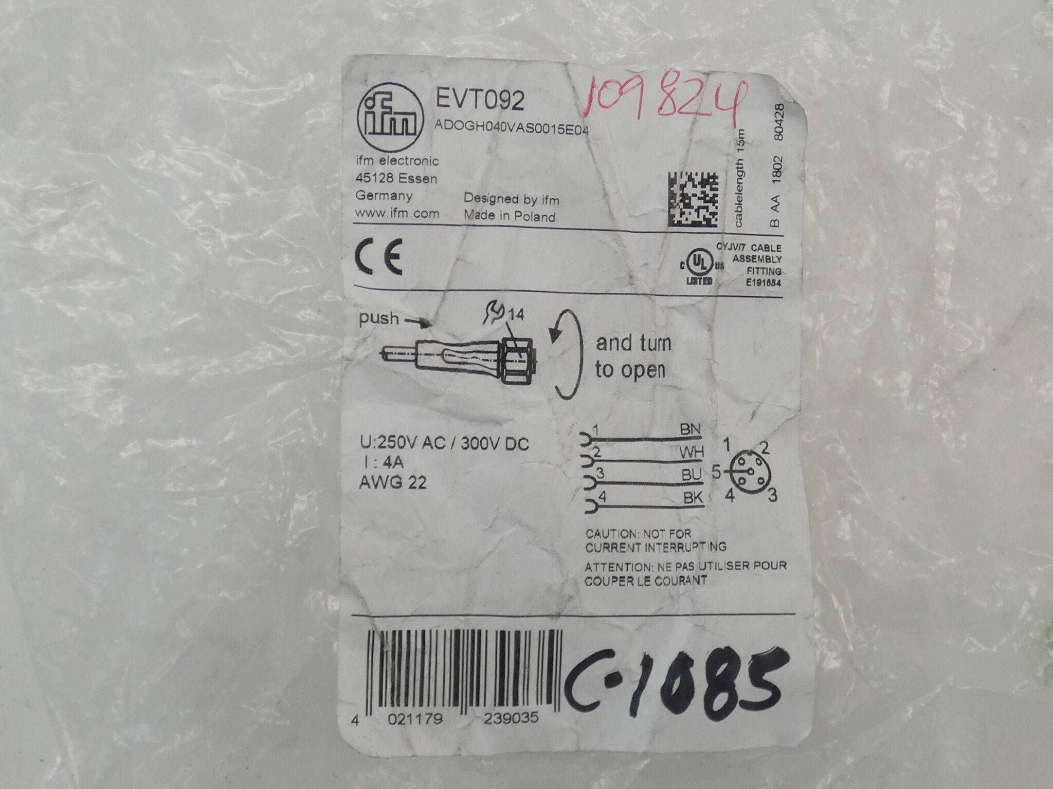IFM EVT092 Female Cordset 15M 250VAC/300VDC 4A AWG 22 – GPM Surplus