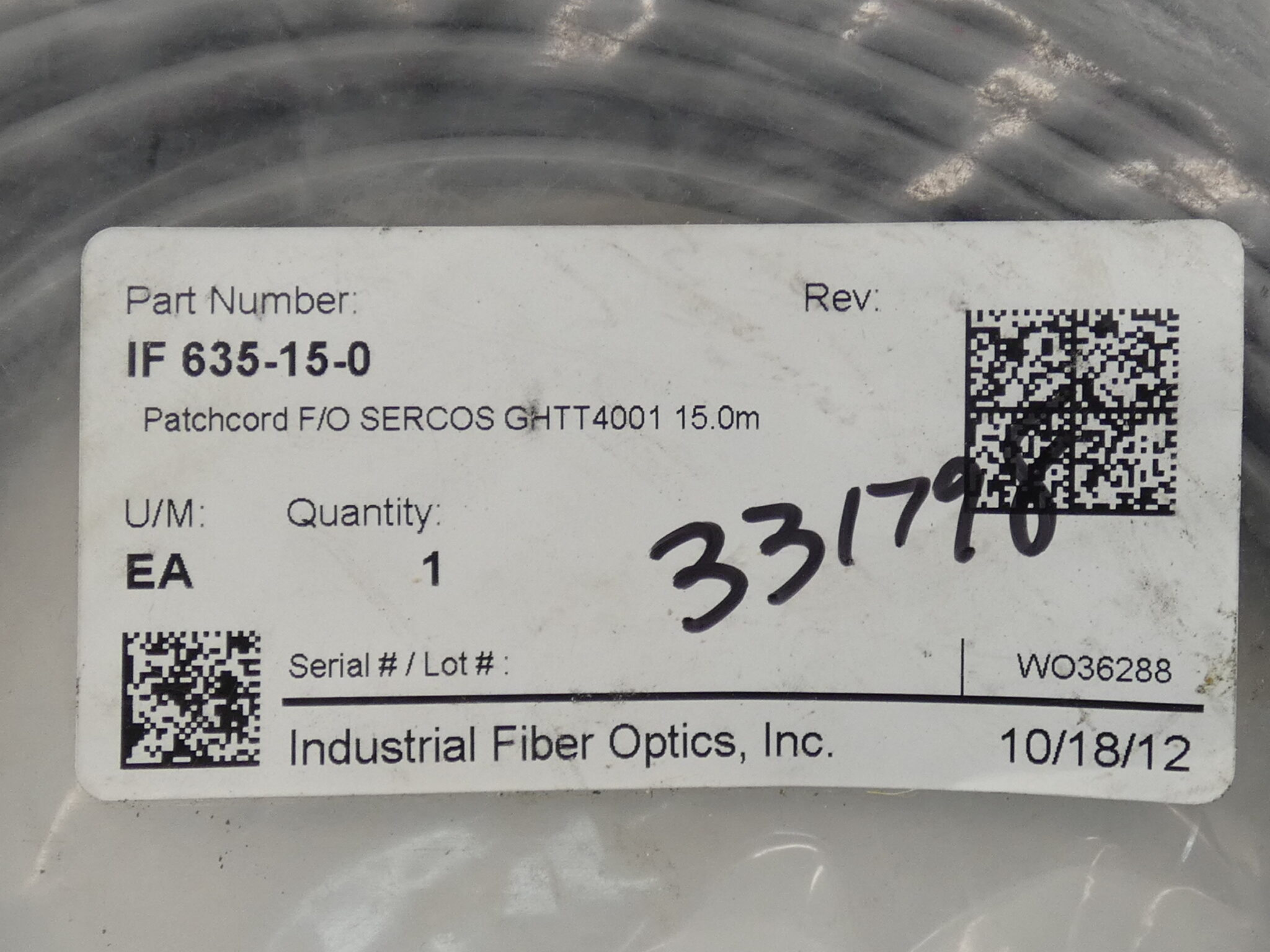50FT Industrial Fiber Optics IF 635-15-0 Patchcord F/O Sercos GHTT4001 ...