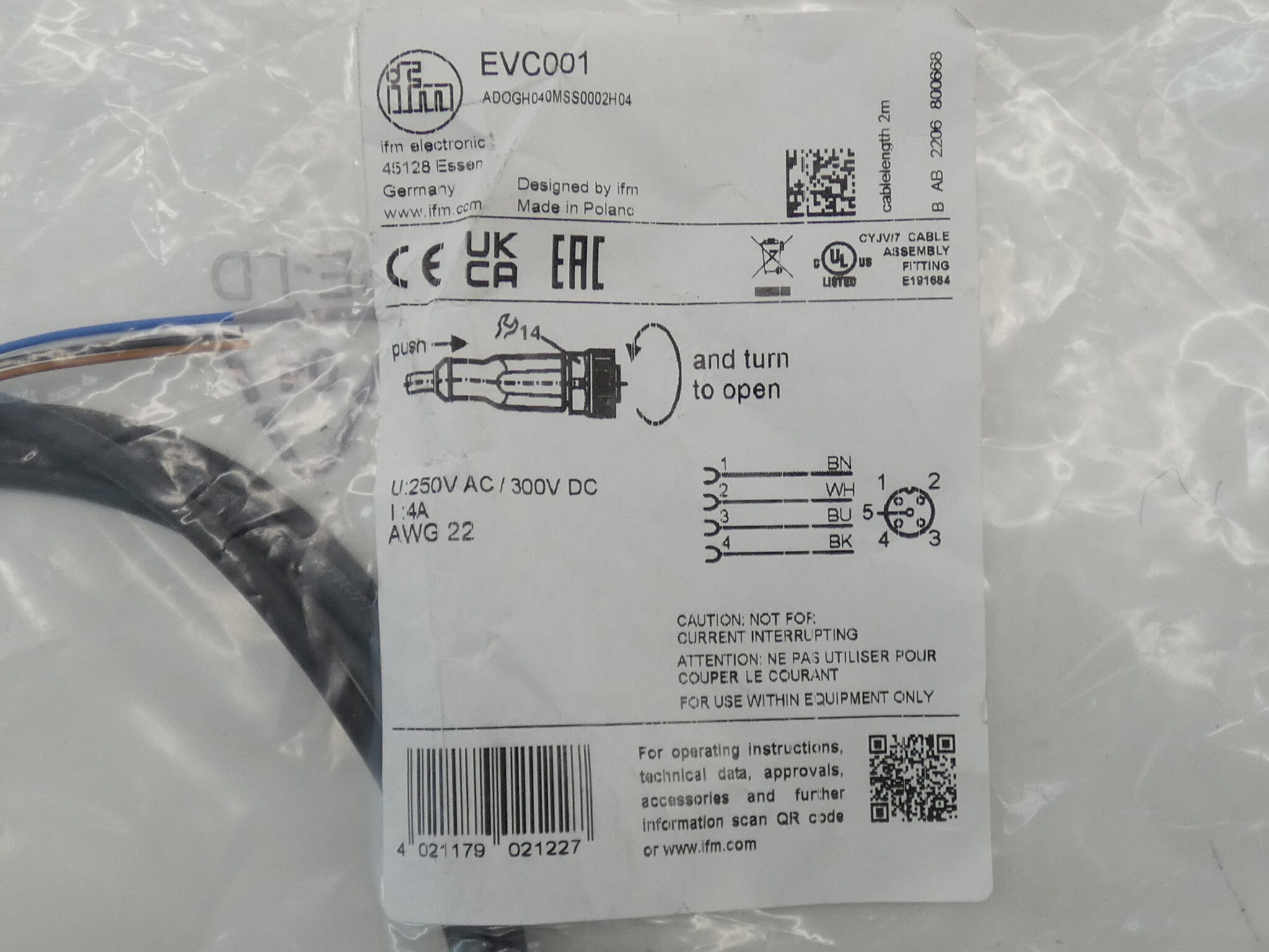 IFM EVC001 Female Cordset w/ M12 Connector ADOGH040MSS0002H04 – GPM Surplus