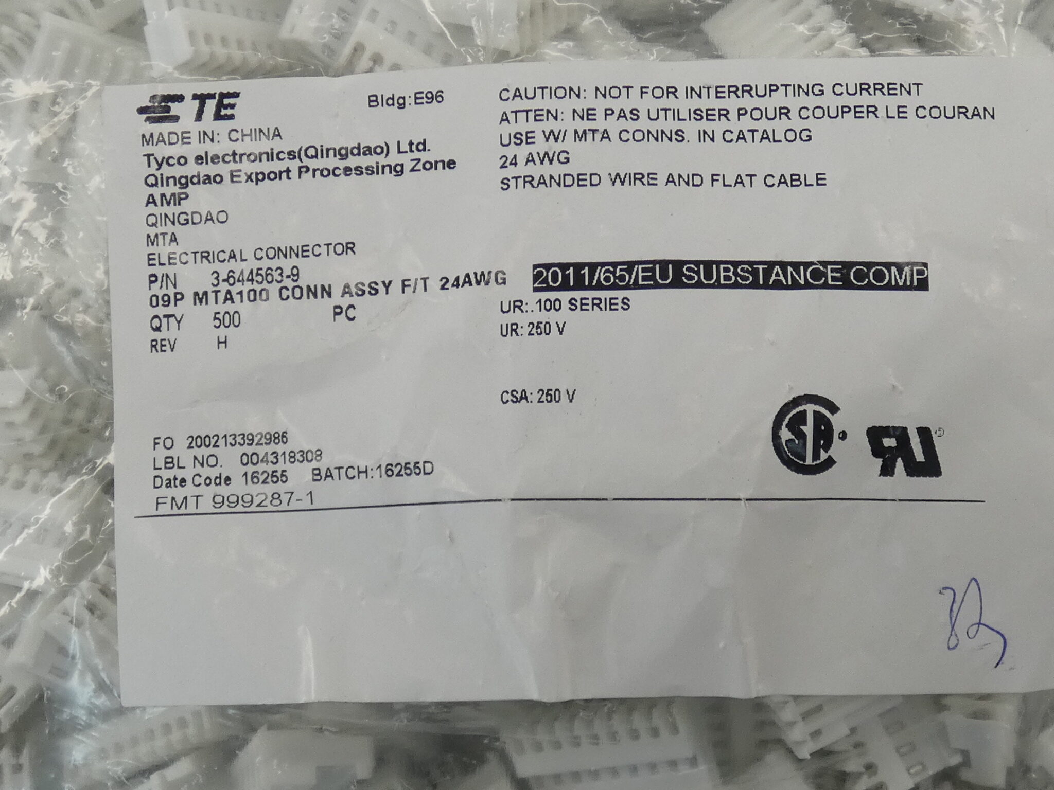 *Lot of 500* Tyco 3-644563-9 Electrical Connectors 100 Series 250V ...