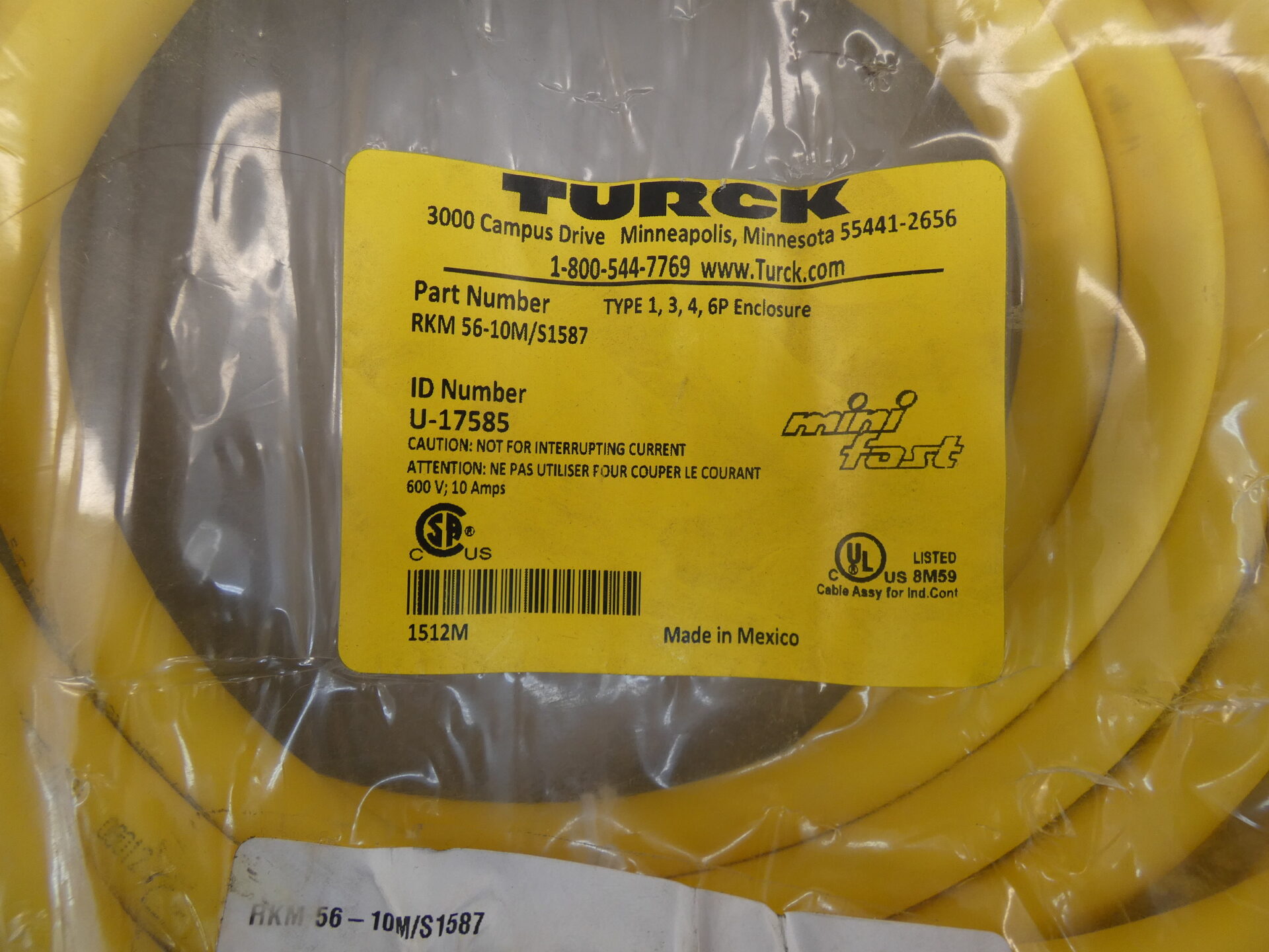 TURCK RKM 56-10M/S1587 Power Cable, Minifast Molded Cordset, U-17585 ...