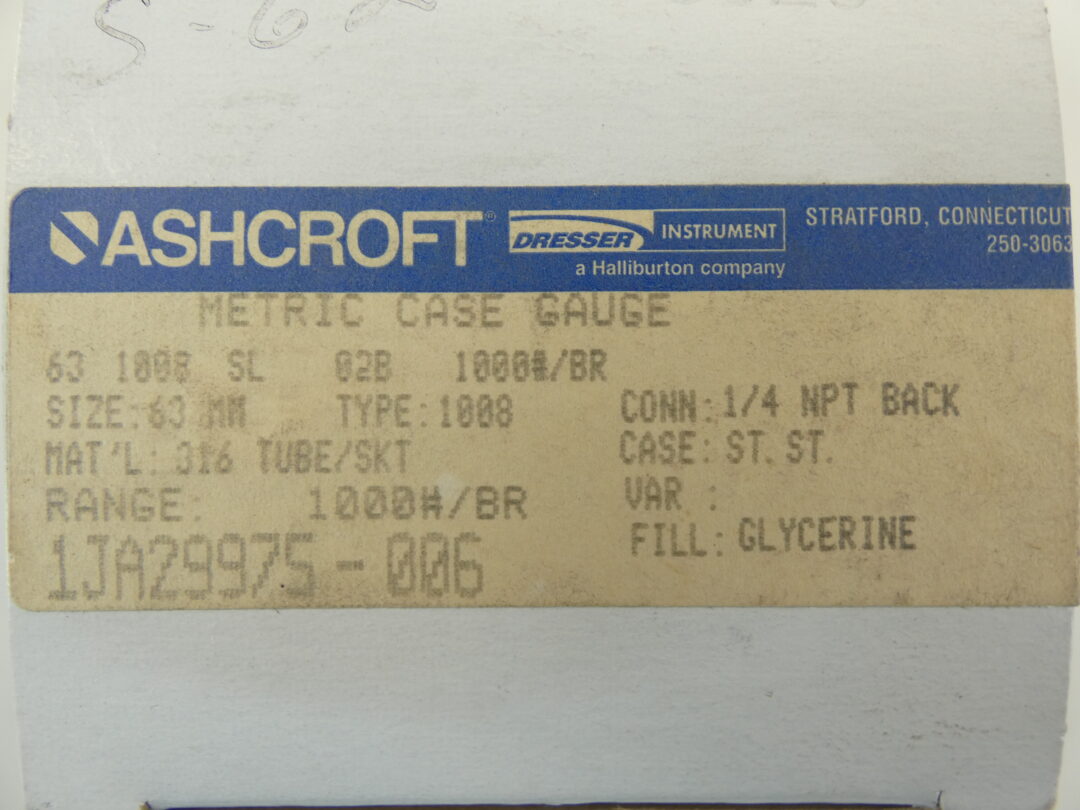 Ashcroft 63 1008 SL 02B 1000# /BR Gauge, 63mm, 0-1000 PSI, 1/4″ NPT ...