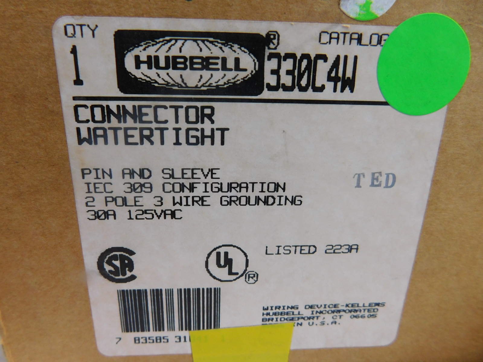 Hubbell 330C4W IEC 309 Configuration Pin Sleeve Female Connector 1PH ...