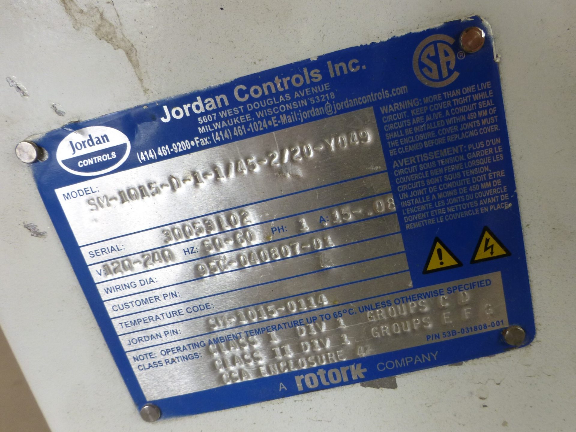 Jordan Controls/Rotork SM-1015-D-1-1/45-2/20-Y049 Actuator, SM-1015 ...