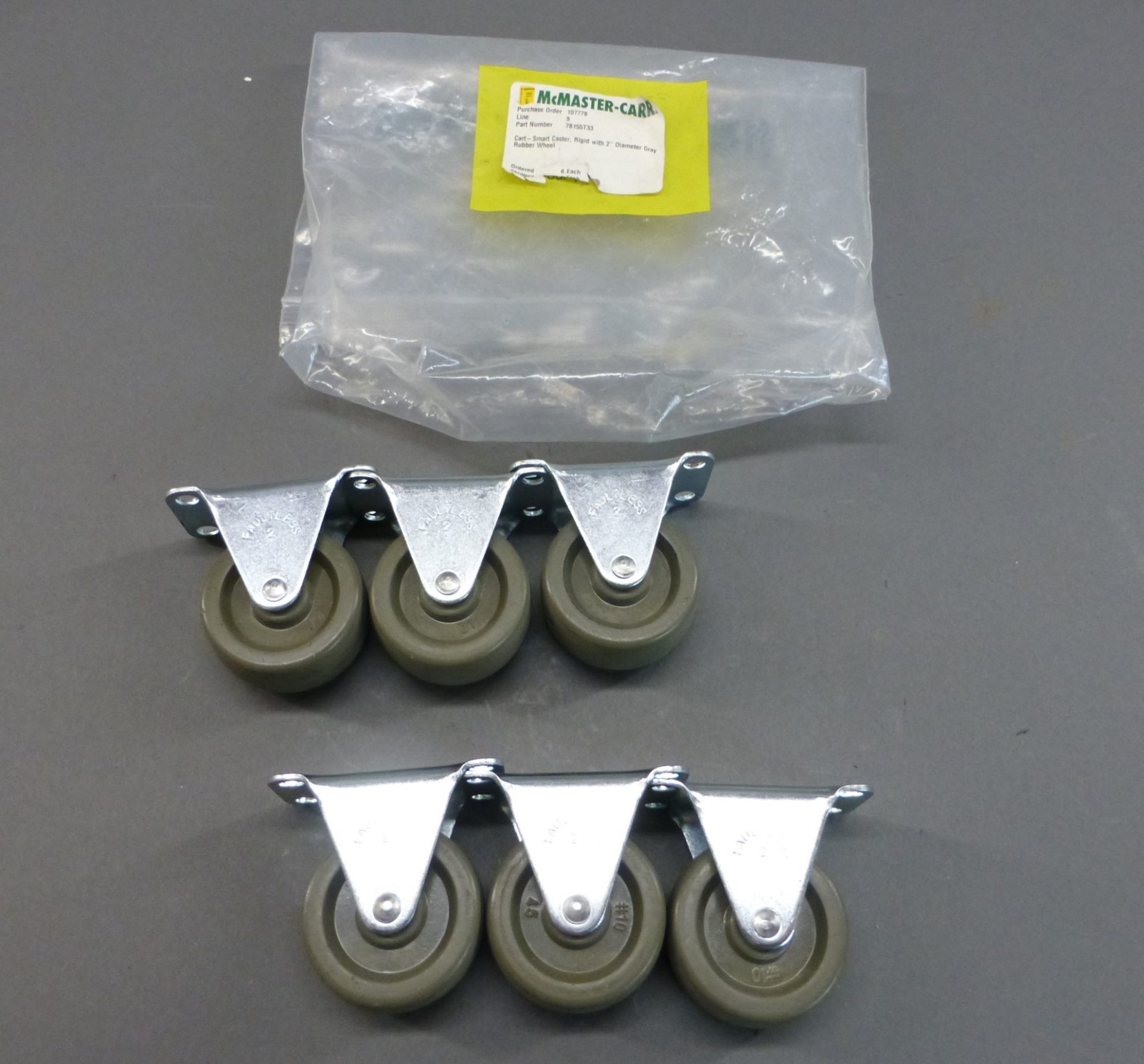 *Lot of 6* McMaster-Carr 78155T33 Rigid Smart Casters W/ 2″ Grey Rubber ...