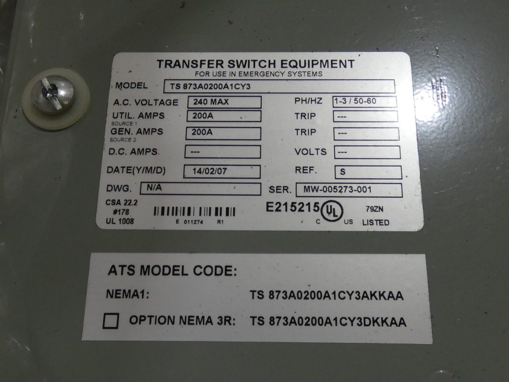 Thomson Technology TSC 80e Automatic Transfer Switch TS 873A0200A1CY3 ...