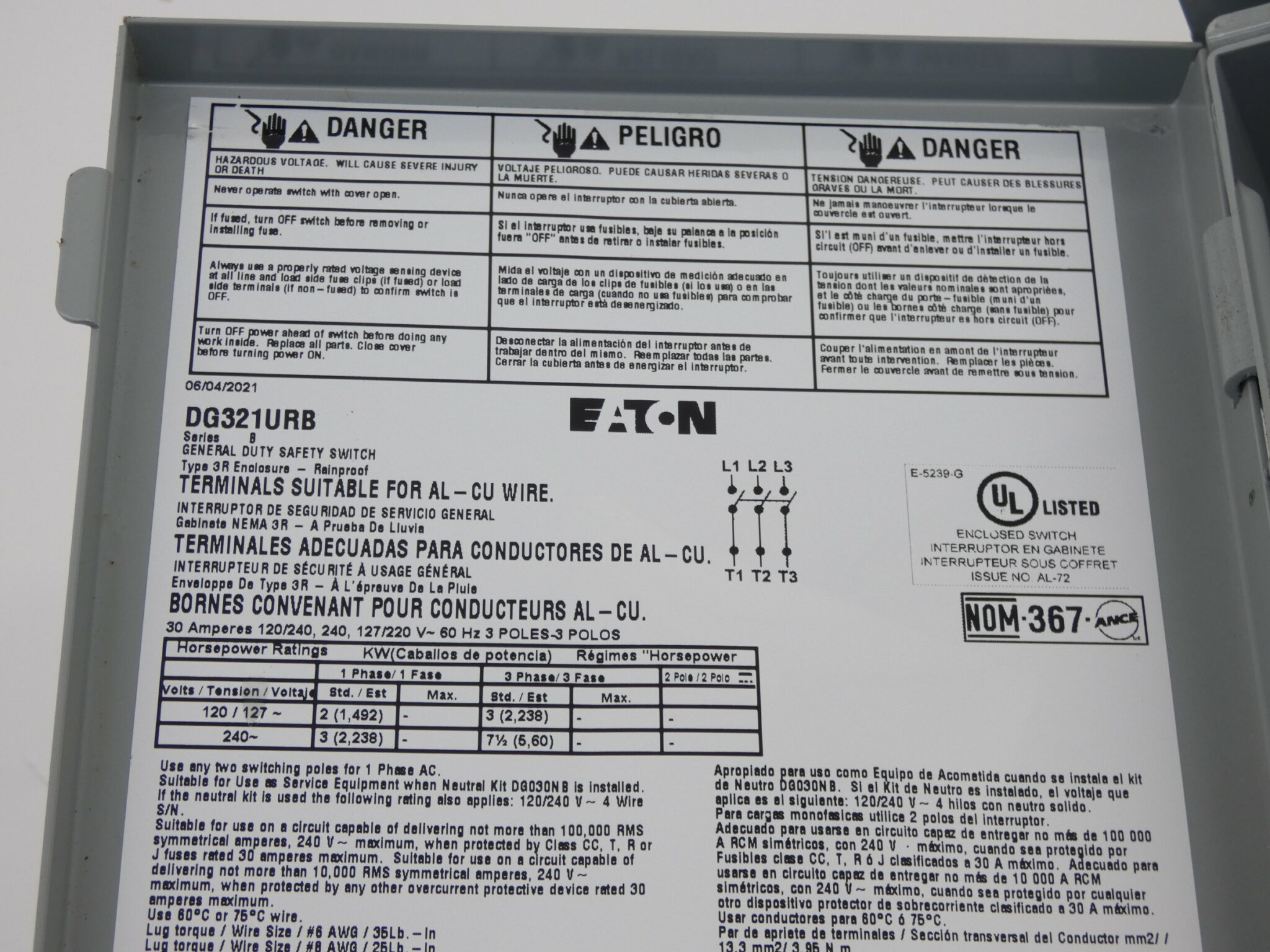 Eaton DG321URB General Duty Safety Switch, 30A, 3P – GPM Surplus
