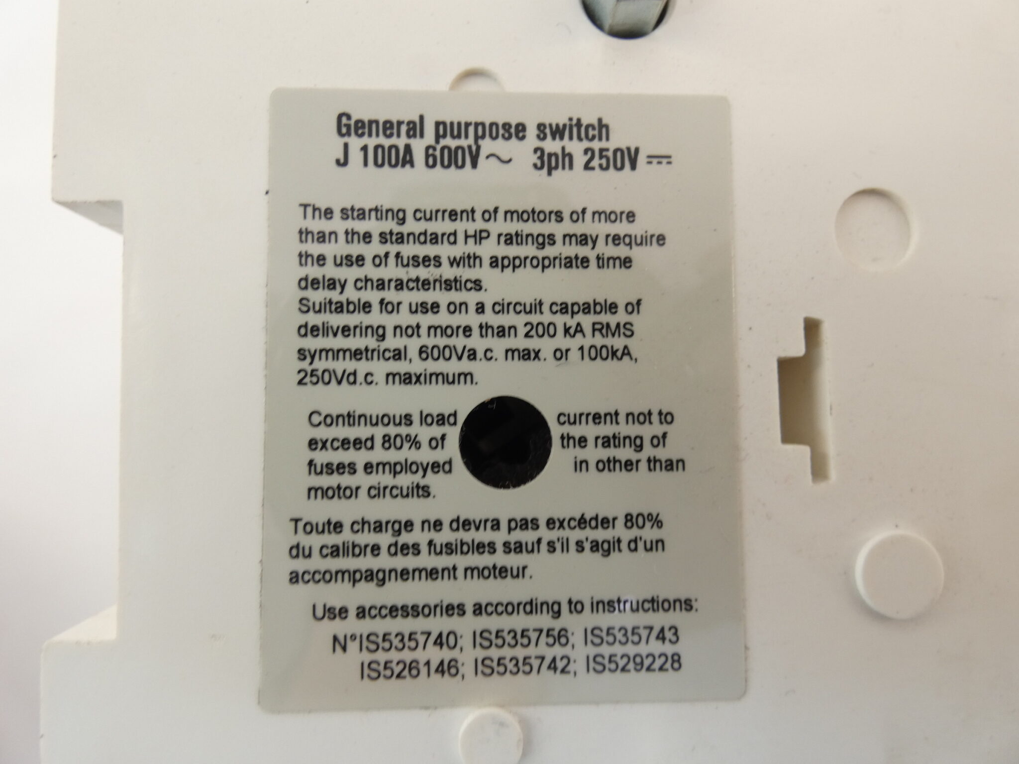Socomec 38613010 J100A Fuse Combination Disconnect Switch, 3PH, 50/60Hz ...