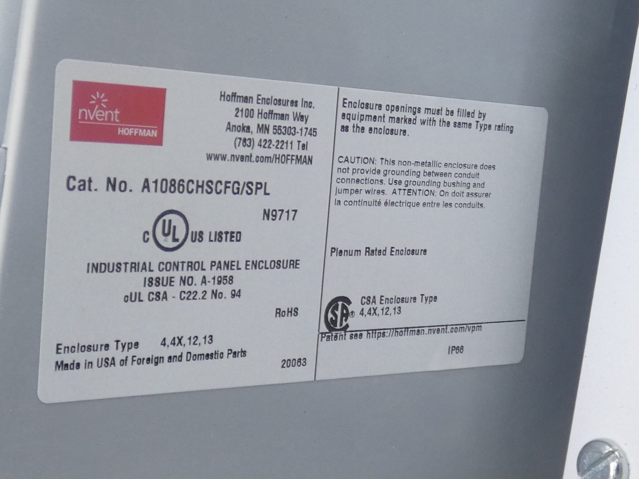 Hoffman nVent A1086CHSCFG Industrial Control Panel Enclosure 10″x8″x6 ...
