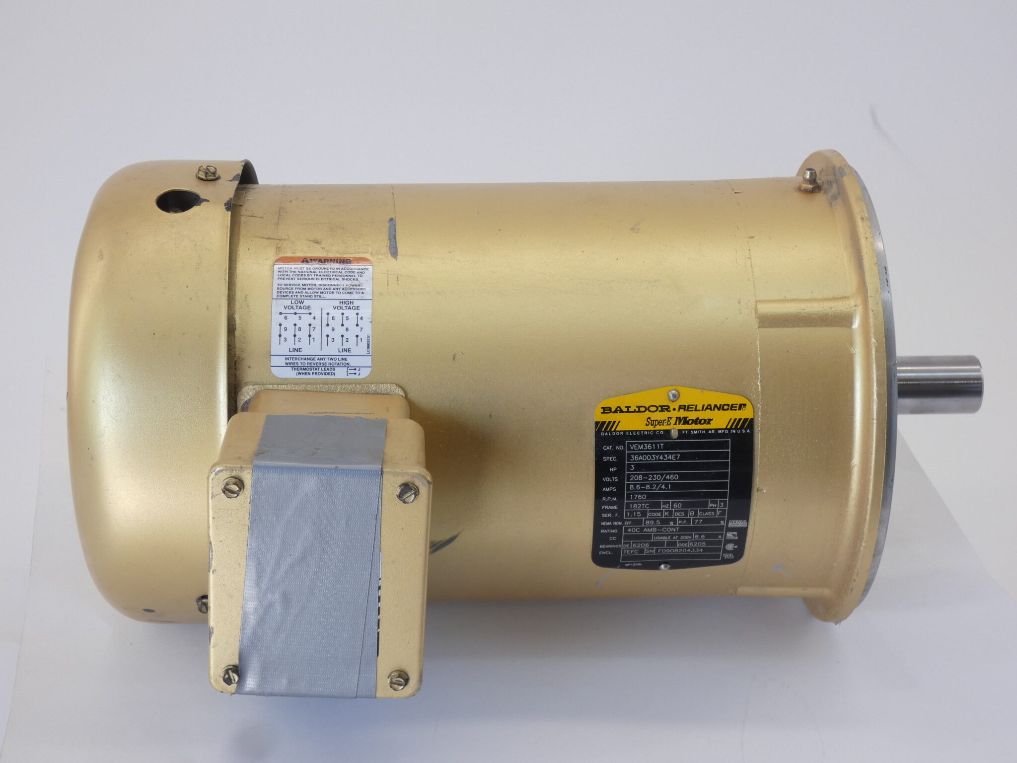 3HP Baldor Reliance VEM3611T Motor, 208-230/460V, 3PH, 182TC Frame ...