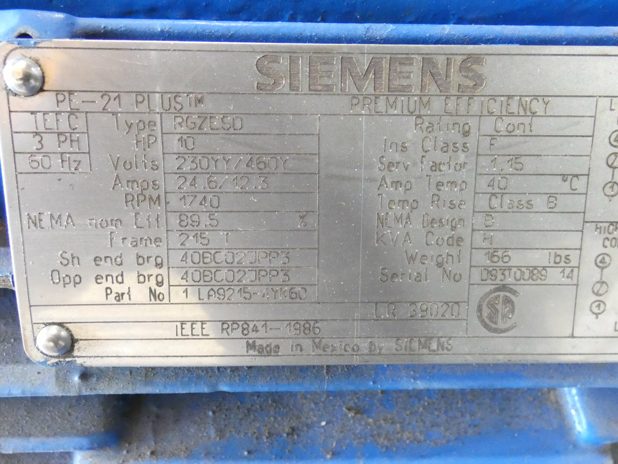 10HP Siemens Motor RGZESD 215T Frame 1740 RPM 230/460V – GPM Surplus