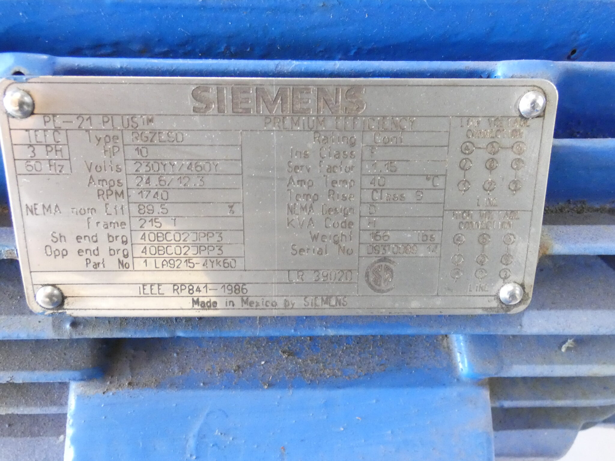 10HP Siemens Motor RGZESD 215T Frame 1740 RPM 230/460V – GPM Surplus
