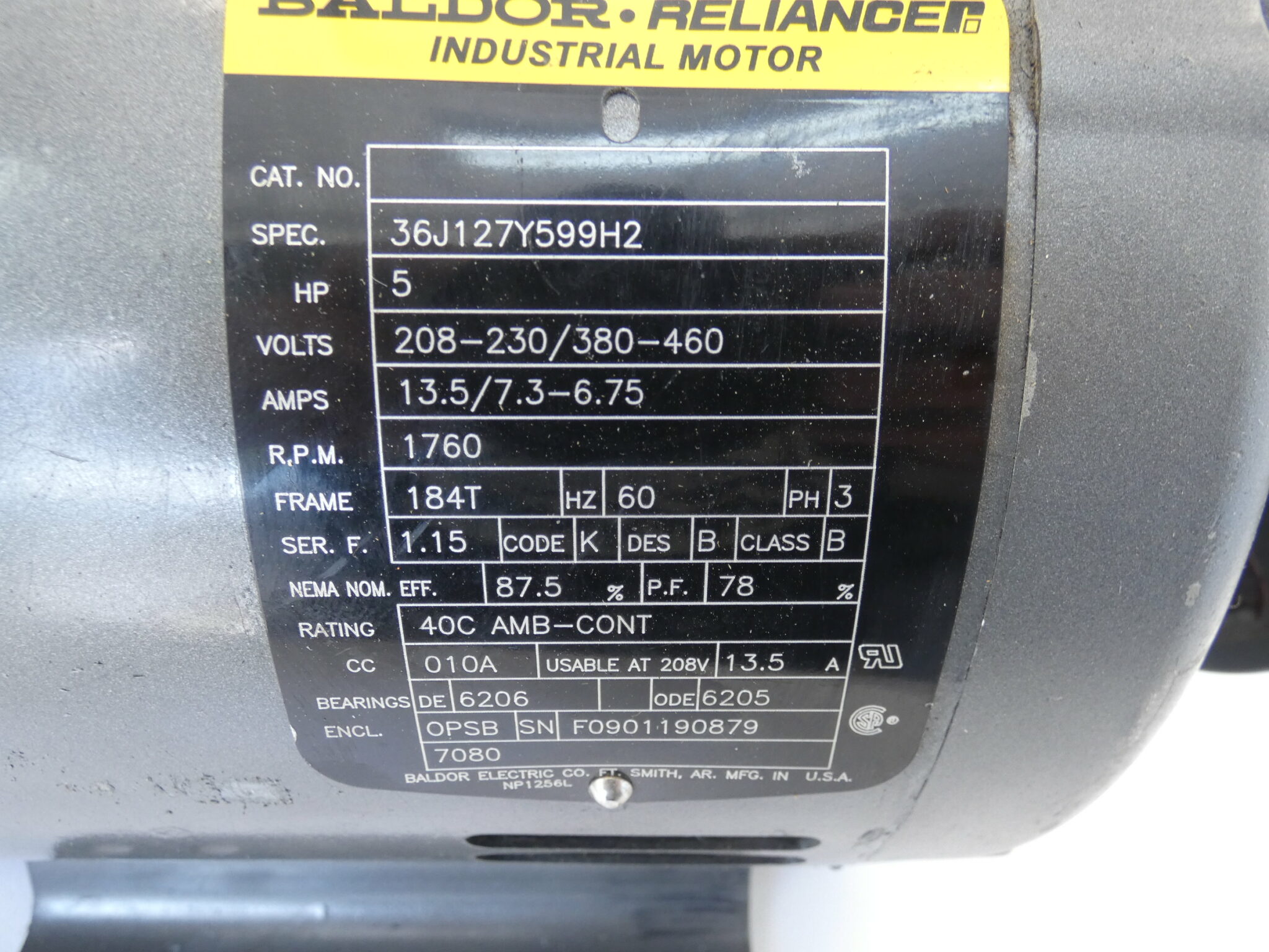 5HP Baldor Industrial Motor, 208-230/460V, 1760 RPM, 184T Frame, 3PH ...