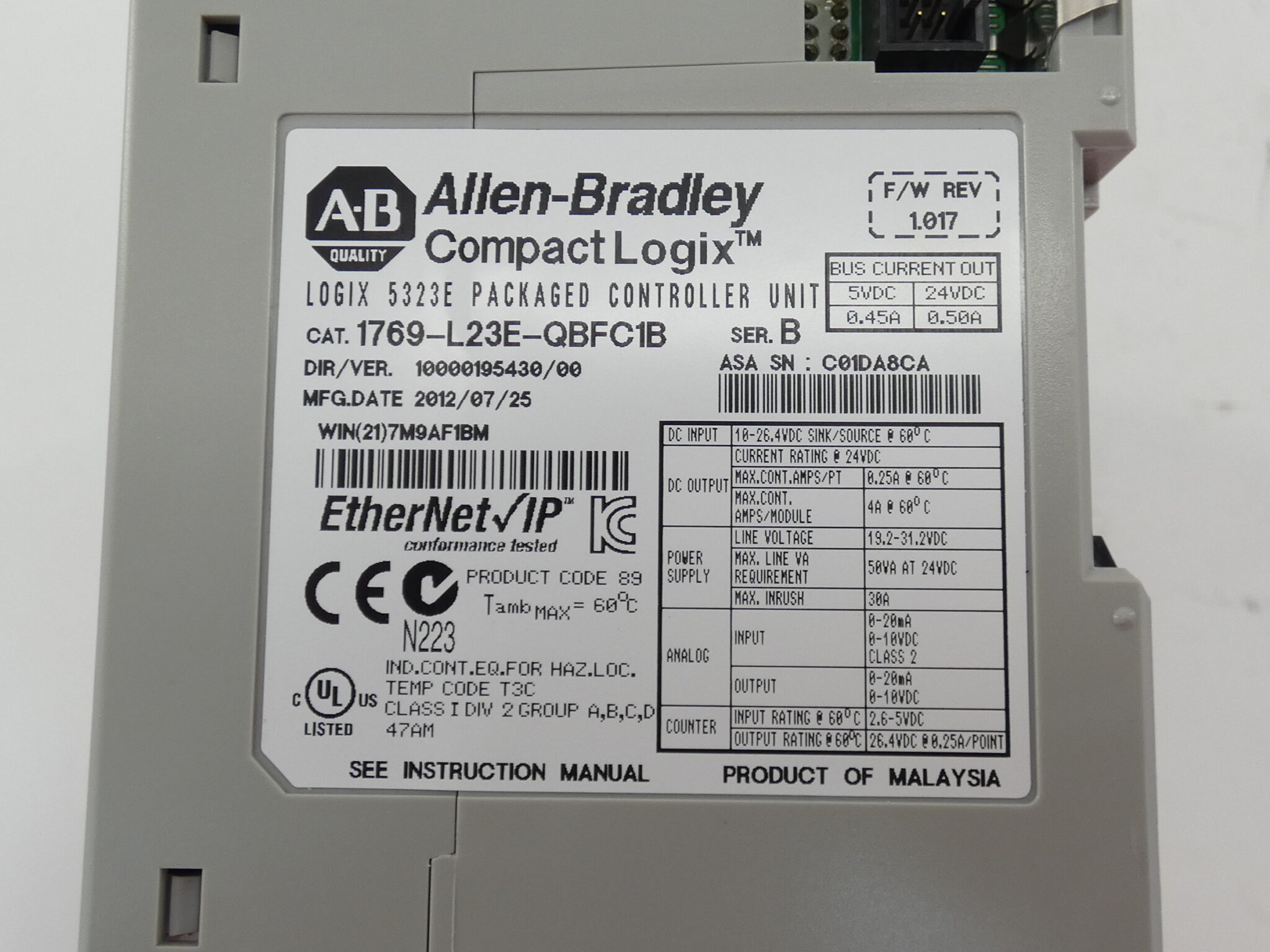 Allen-Bradley 1769-L23E-QBFC1B Ser. B Controller Unit F/W Rev 1.017 ...